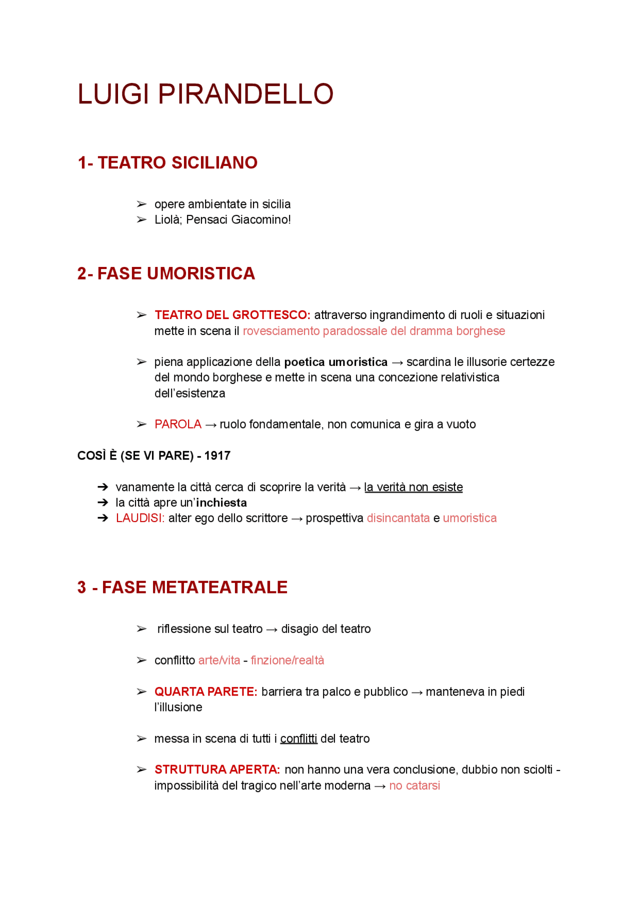 Le fasi del teatro di Luigi Pirandello | Schemi e mappe concettuali di Italiano | Docsity