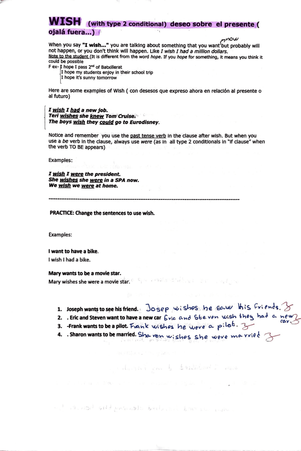 use of “wish” with conditional + exercise | Apuntes de Inglés | Docsity