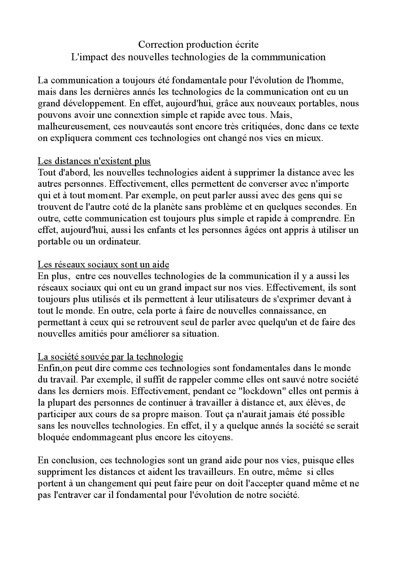 Production écrite sur les nouvelles technologies du communication ...