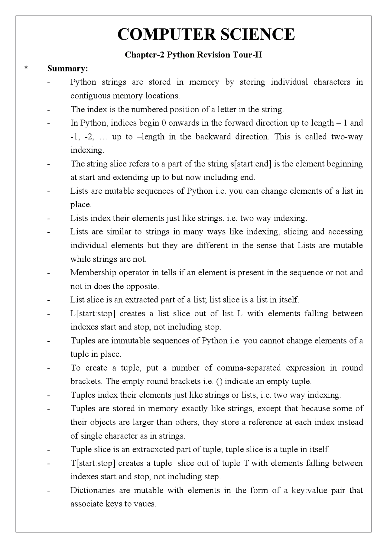 Grade 12 Computer Science Chapter 2 Python Revision Tour Ii Exams Computer Science Docsity