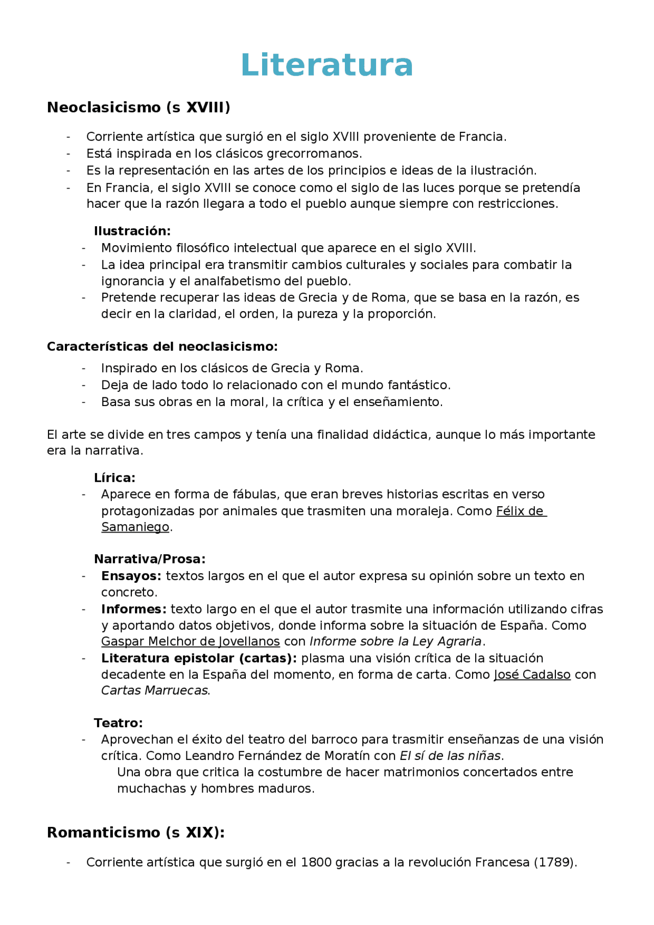 Literatura Neoclasicismo y Romanticismo | Apuntes de Lengua y ...