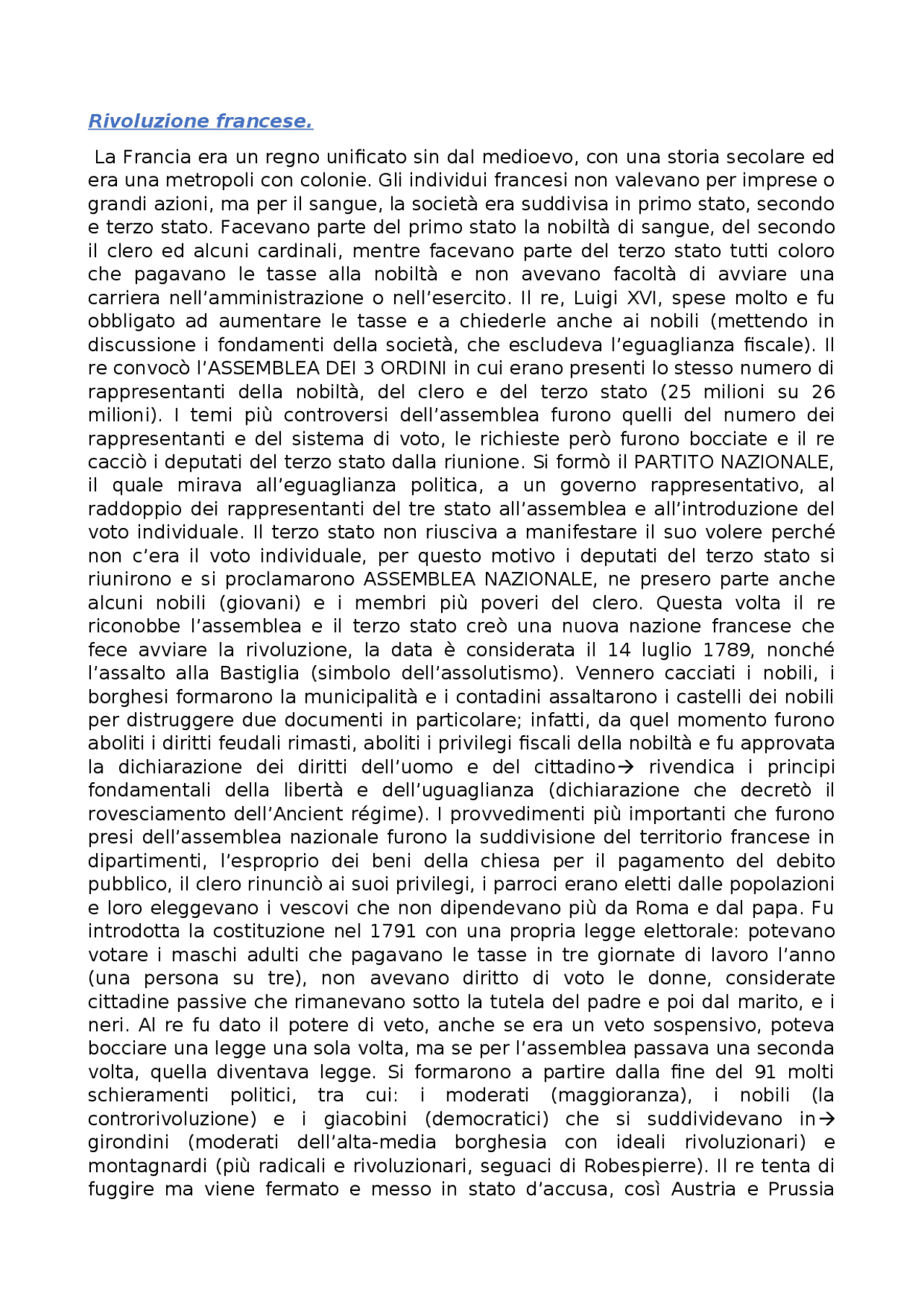 Rivoluzione Francese E Napoleone Bonaparte Appunti Di Storia Docsity