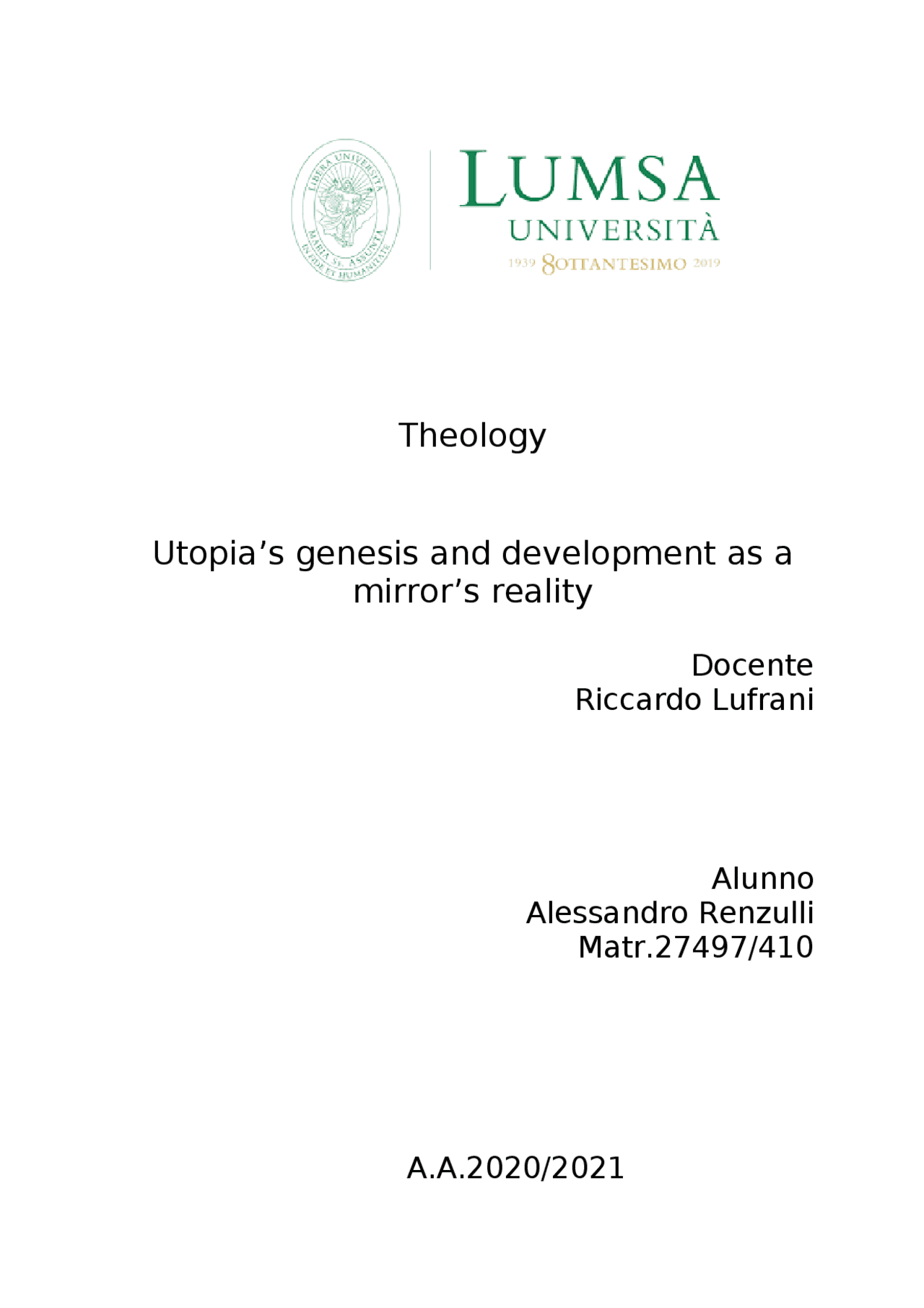 Utopia’s genesis and development as a mirror’s reality - Docsity