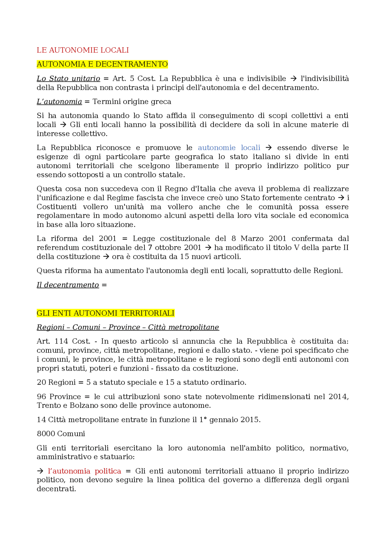 Le Autonomie Locali Nellordinamento Italiano Notes De Diritto Ed