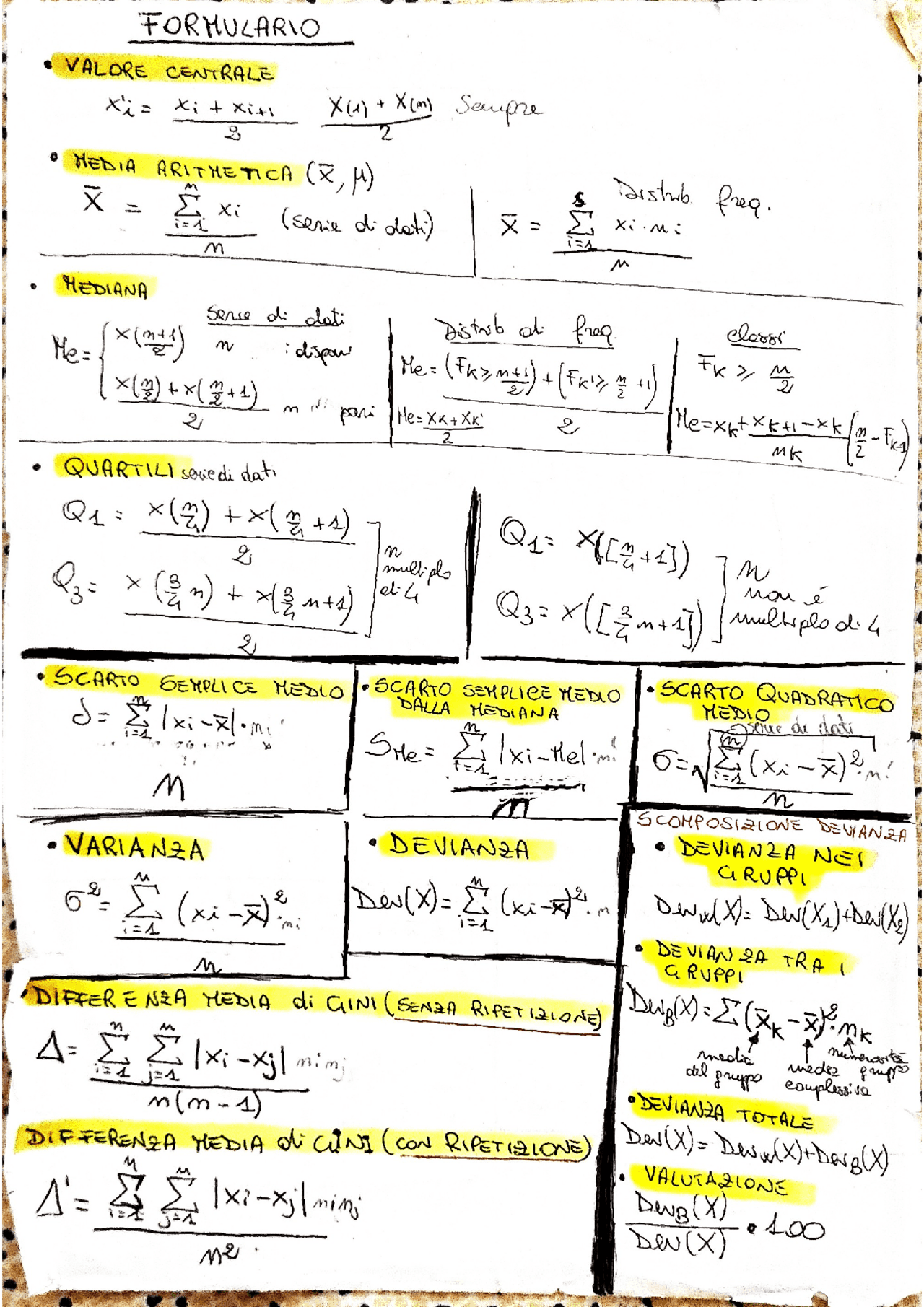 Formulario Di Statistica Descrittiva Formulari Di Statistica Docsity