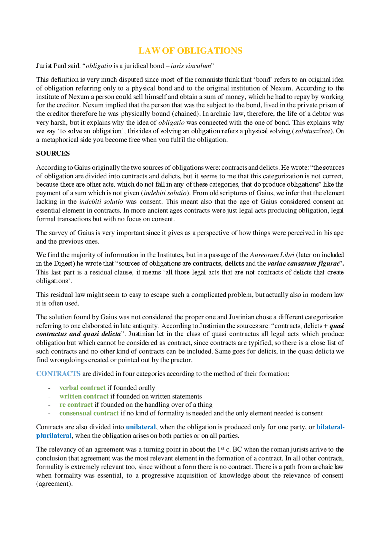 Roman Law Law Of Obligations Introductionnotes For The Exam