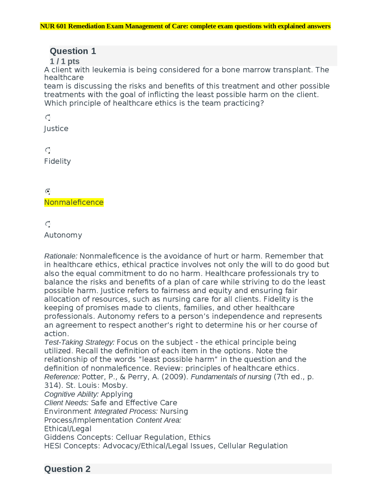 NUR 601 Remediation Exam Management of Care: complete exam questions ...