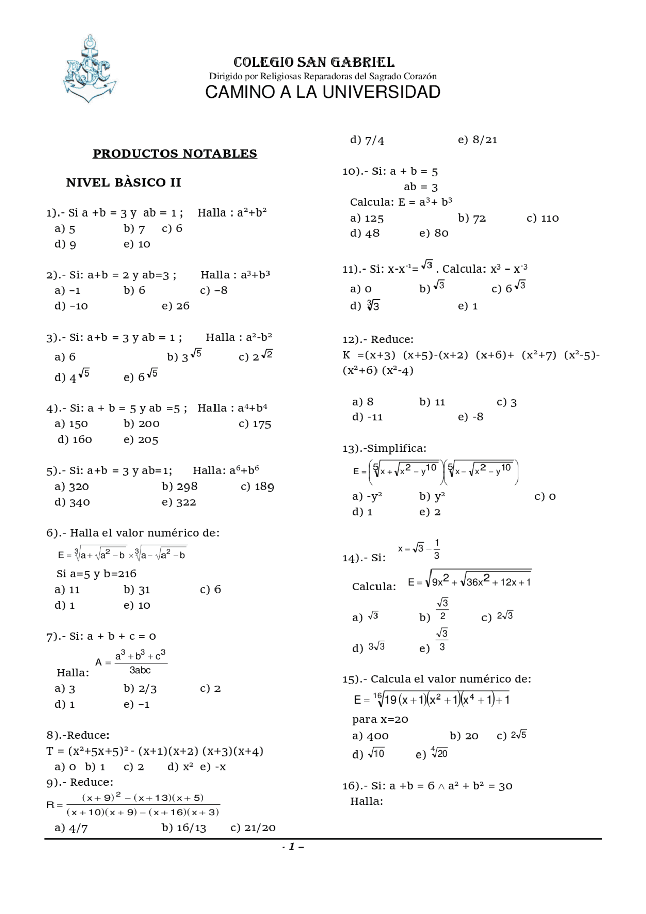 Productos Notables Basico Ejercicios De Matemáticas Docsity