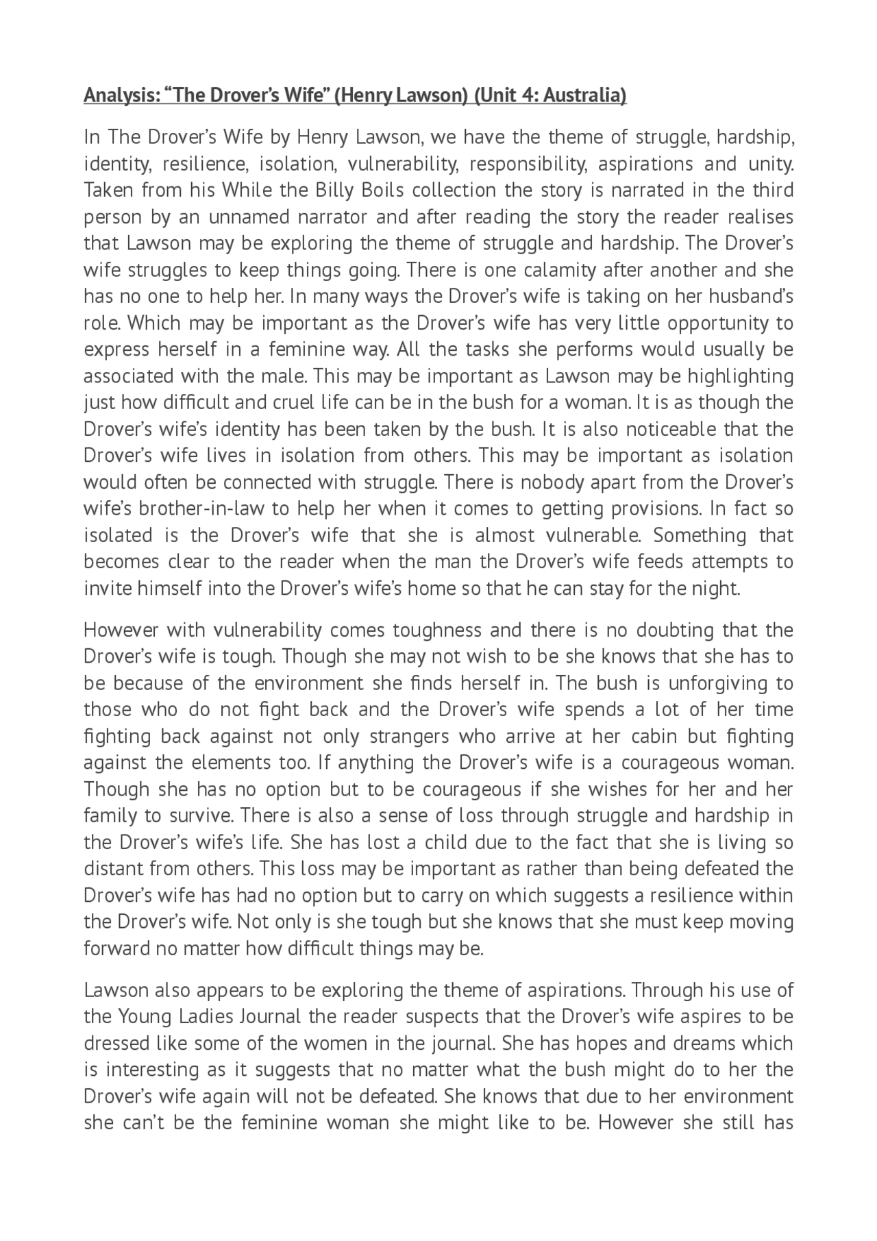 The Drover's Wife by Henry Lawson | Apuntes de Literatura inglesa - Docsity