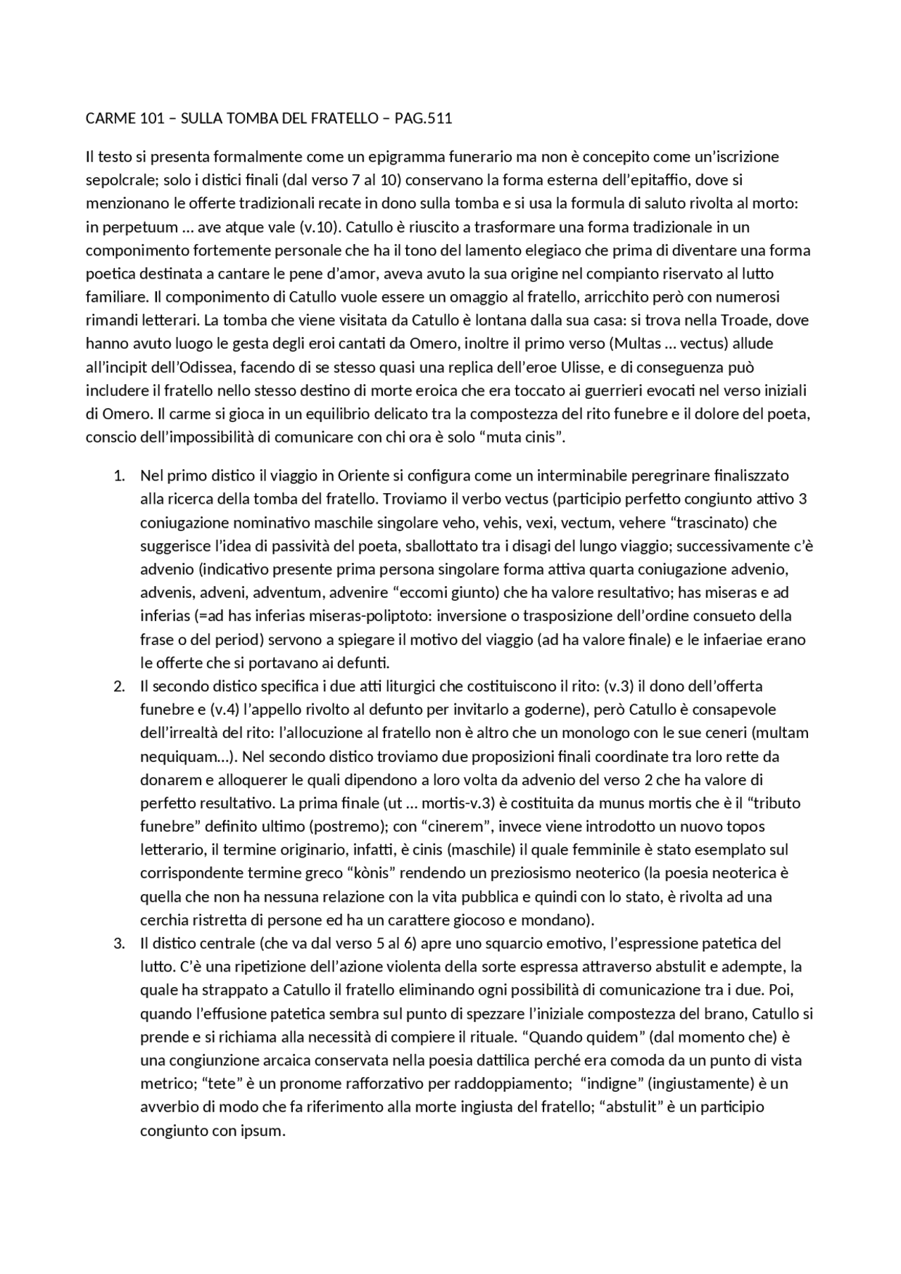 Il Carme 101 Di Catullo Appunti Di Latino Docsity