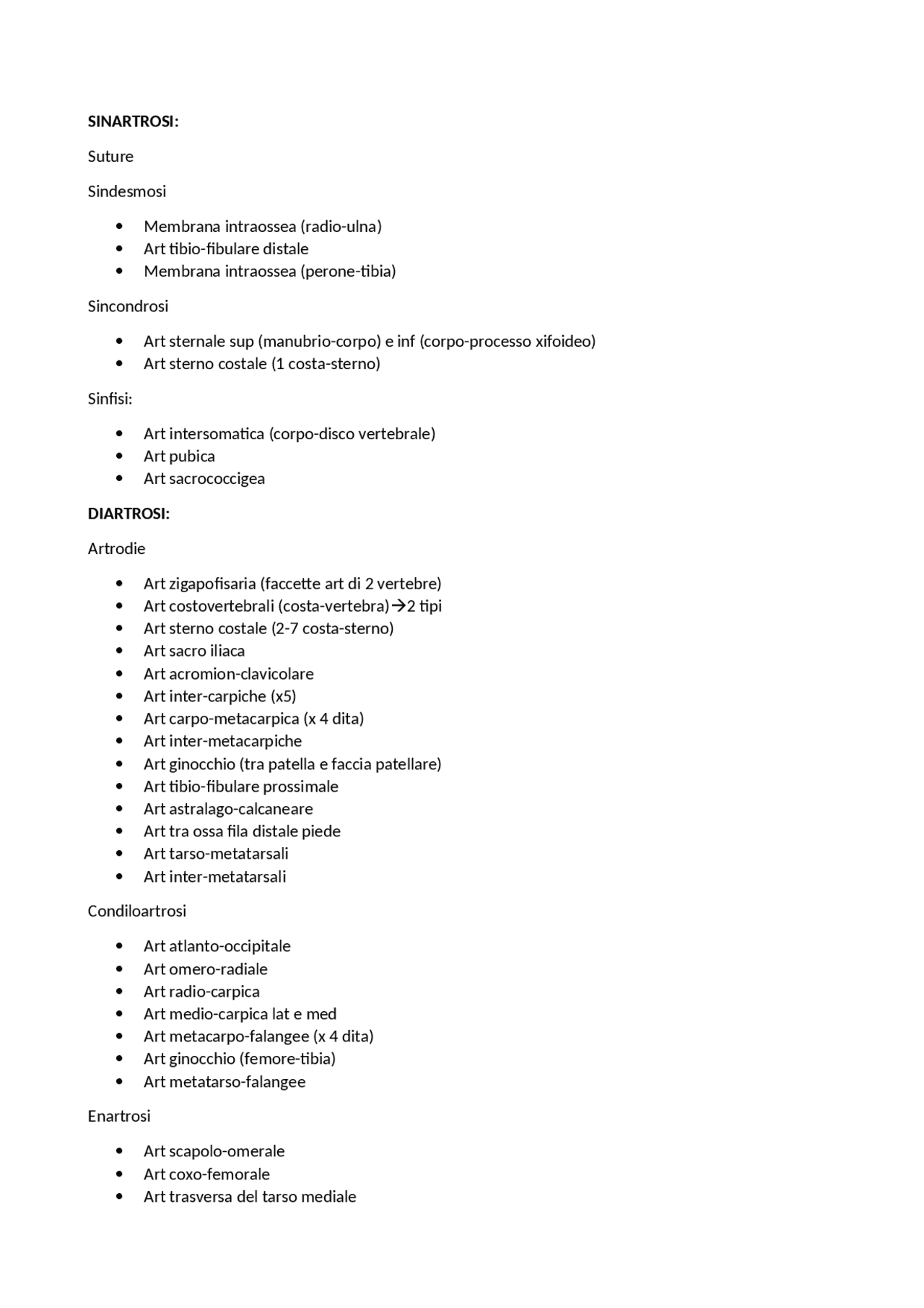 Schematizzazione articolazioni | Schemi e mappe concettuali di Anatomia | Docsity
