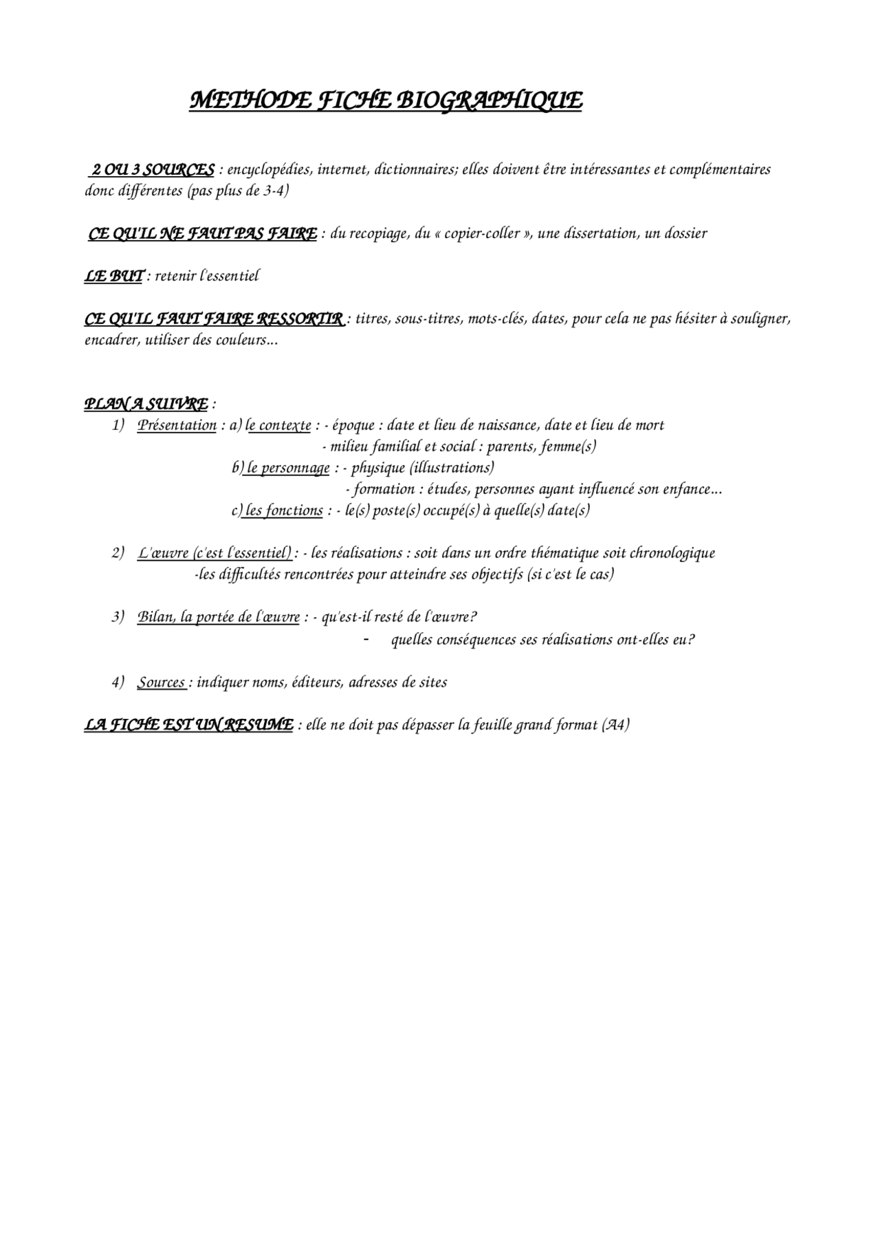 methode fiche biographique | Lectures Histoire | Docsity