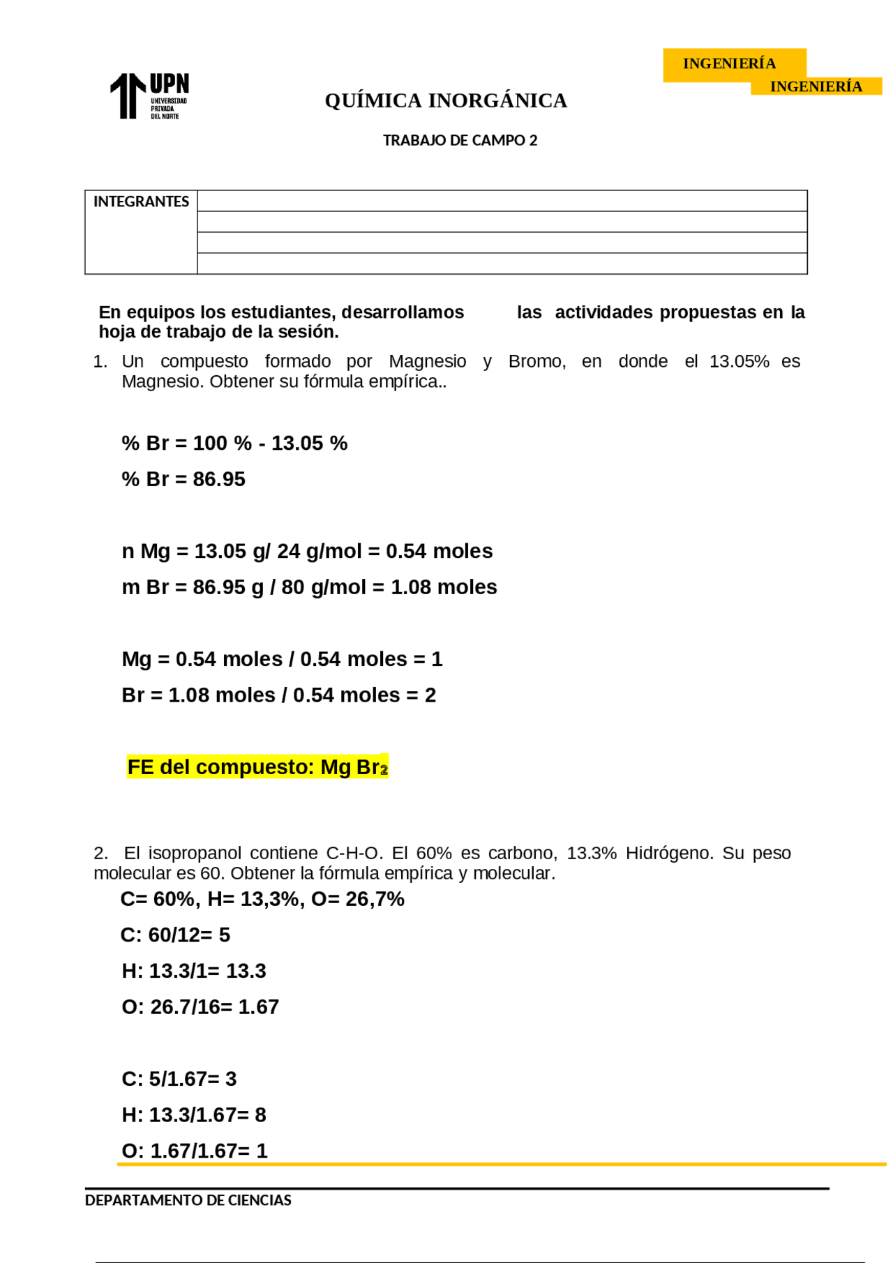 Hoja De Trabajo De Química Del Mol