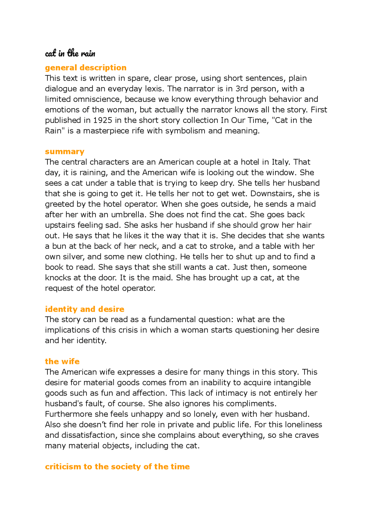 Cat in the rain by earnest hemingway | Appunti di Inglese | Docsity
