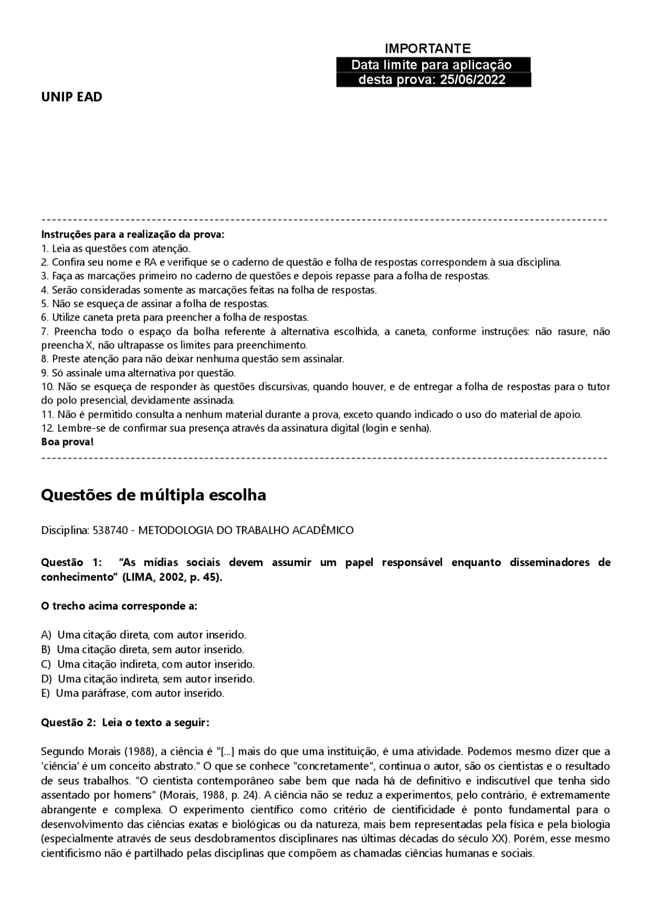 Provas De Metodologia Do Trabalho Academico Provas Metodologia Docsity