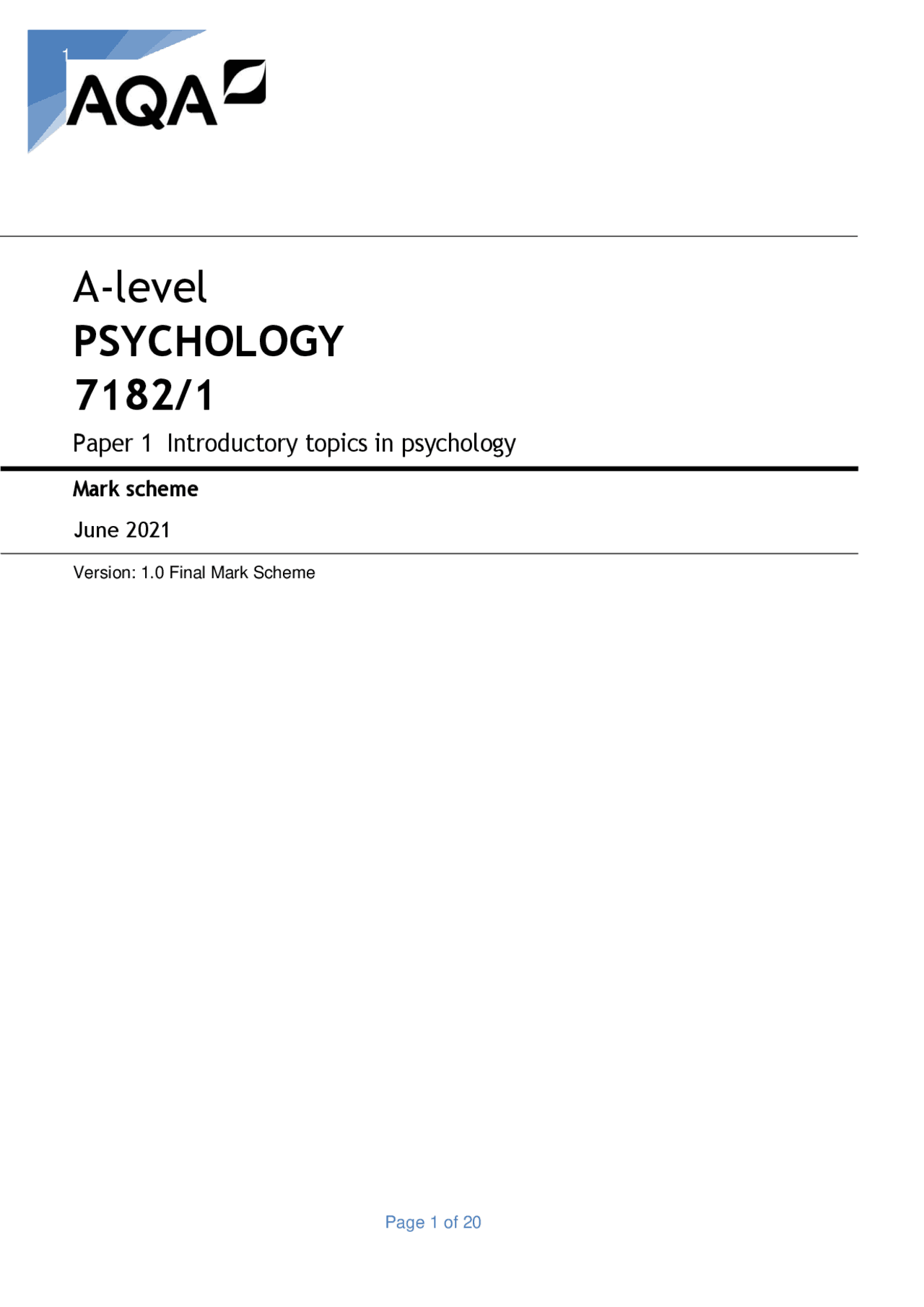 AQA A-level PSYCHOLOGY PAPER 1 2021. | Exams Nursing - Docsity