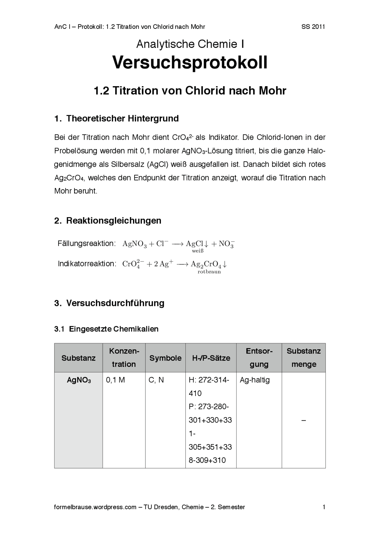 AnC I – Protokoll: 1.2 Titration von Chlorid nach Mohr | Leitfäden ...