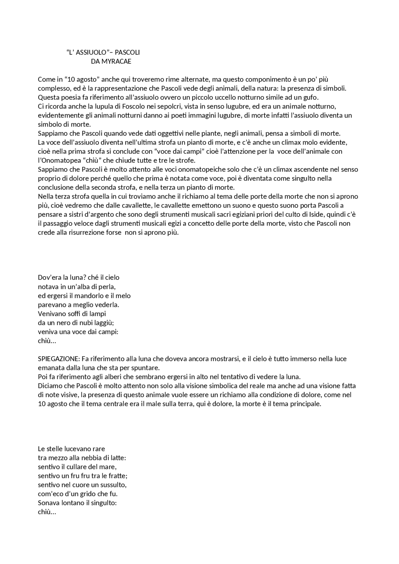 Assiuolo giovanni pascoli | Sbobinature di Italiano | Docsity