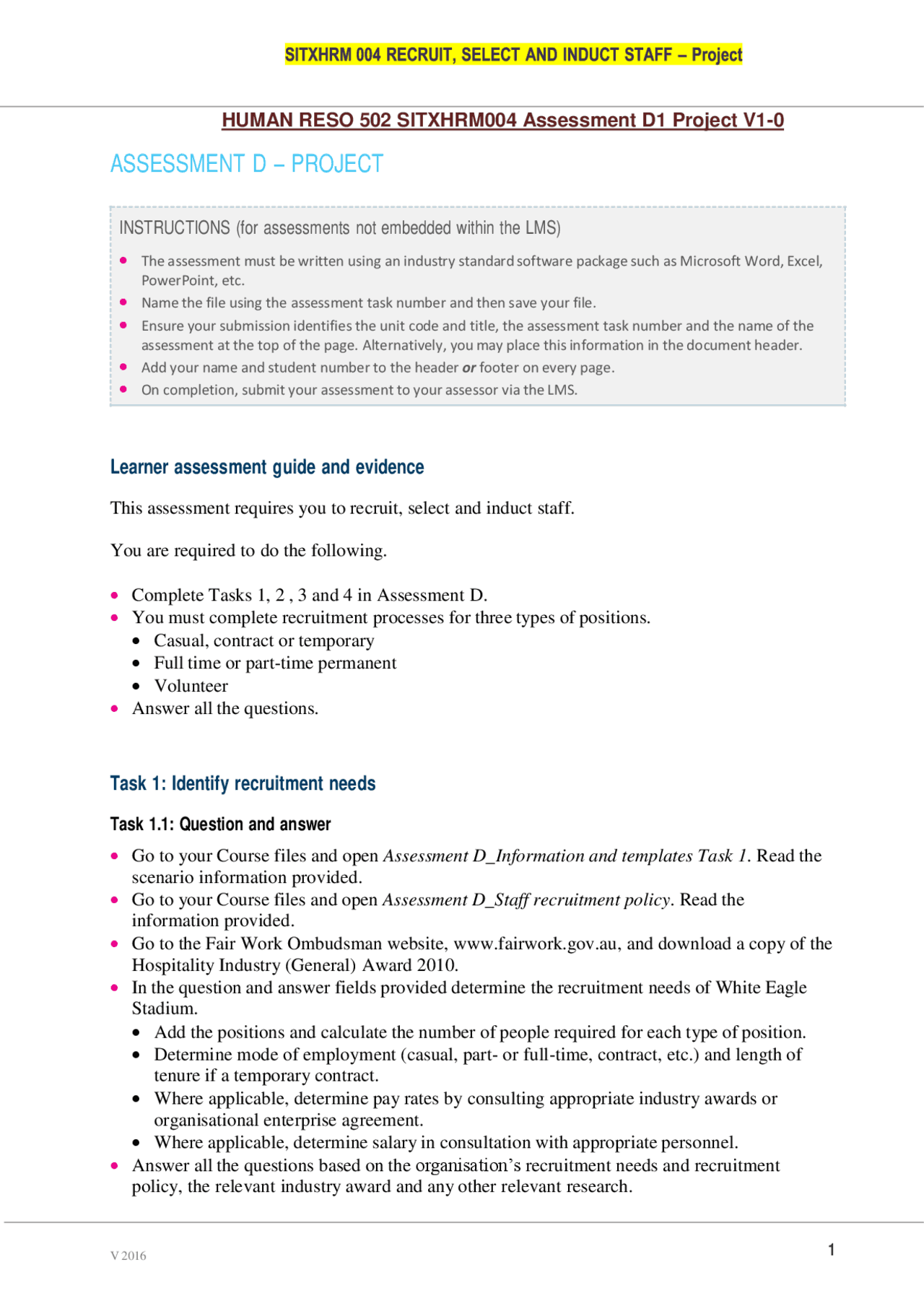 HUMAN RESO 502 SITXHRM004 Assessment D1 Project V1-0 UPDATED 2022 100% ...