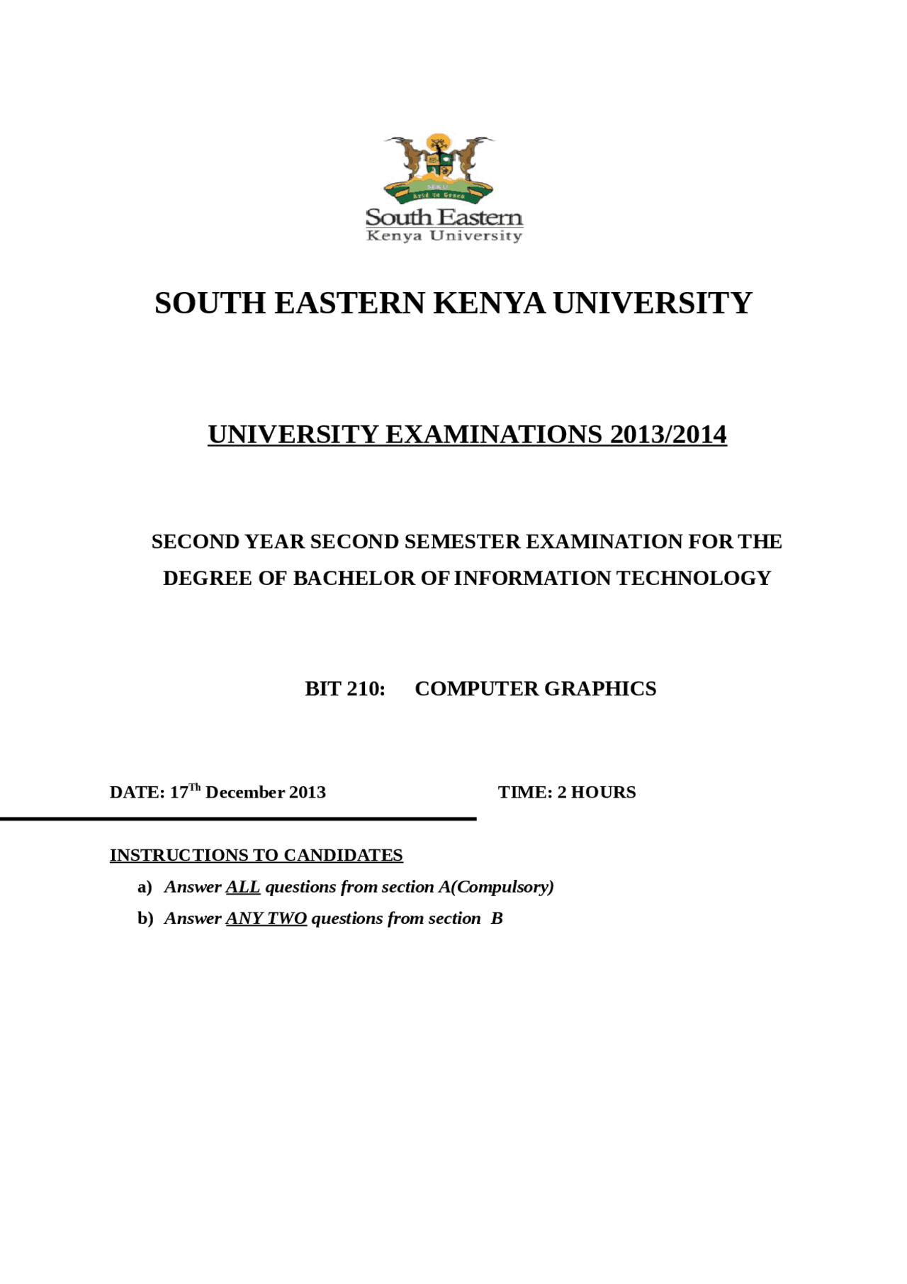Bit210 Computer Graphics Past Paper Or An Exam Sample Of Computer Graphics Exam Exams