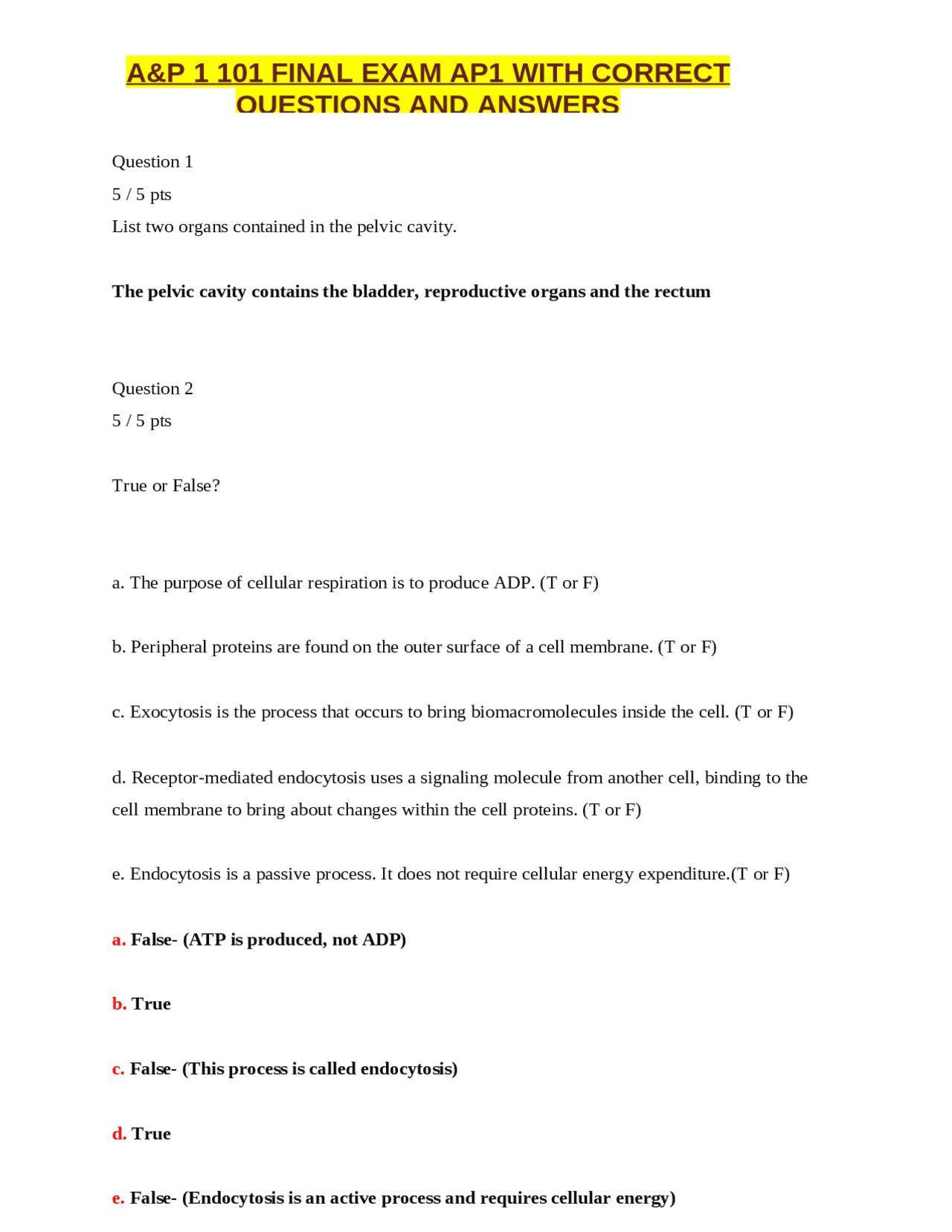 A&P 1 101 FINAL EXAM AP1 WITH CORRECT QUESTIONS AND ANSWERS - Docsity