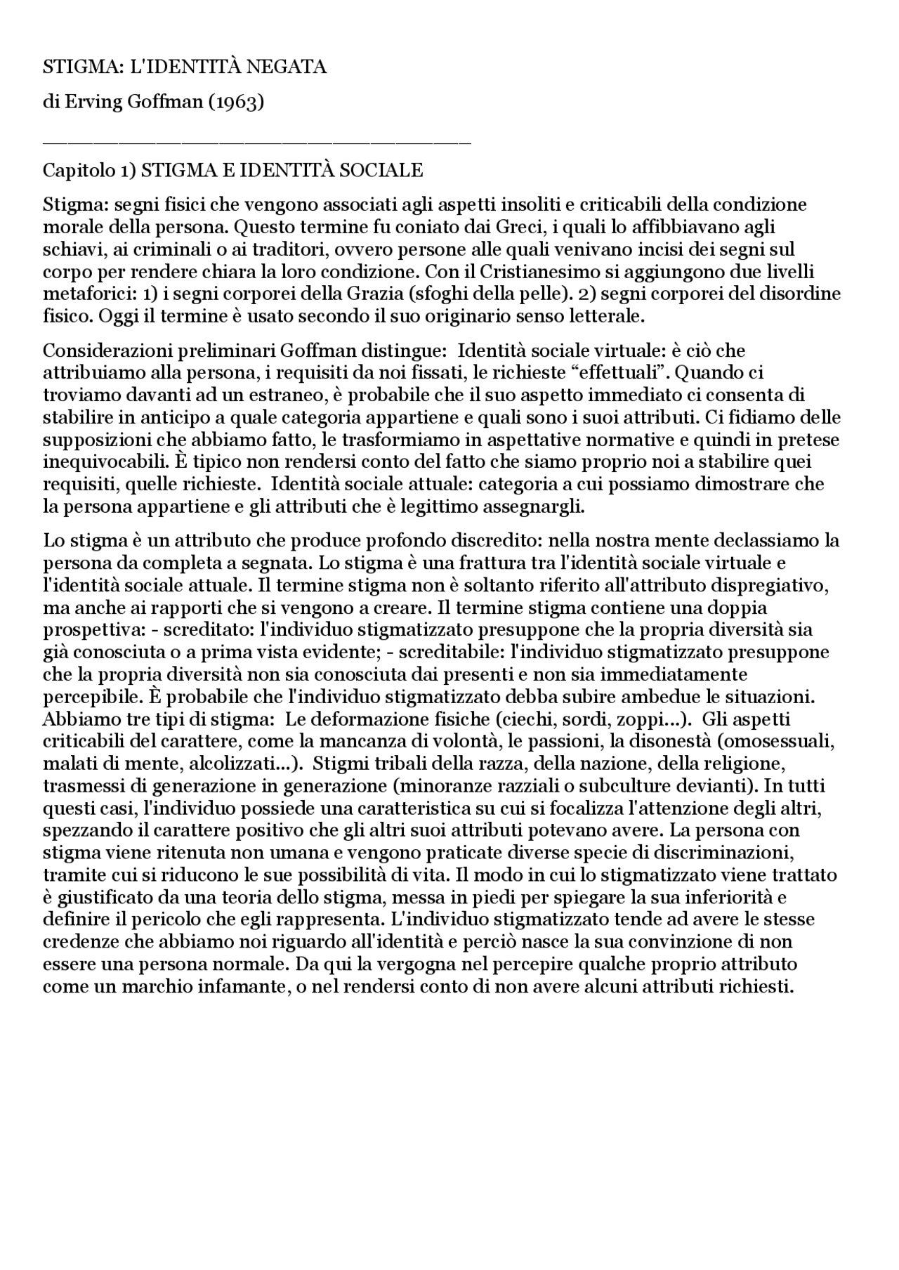 Stigma Identità Negata Appunti Di Sociologia Docsity