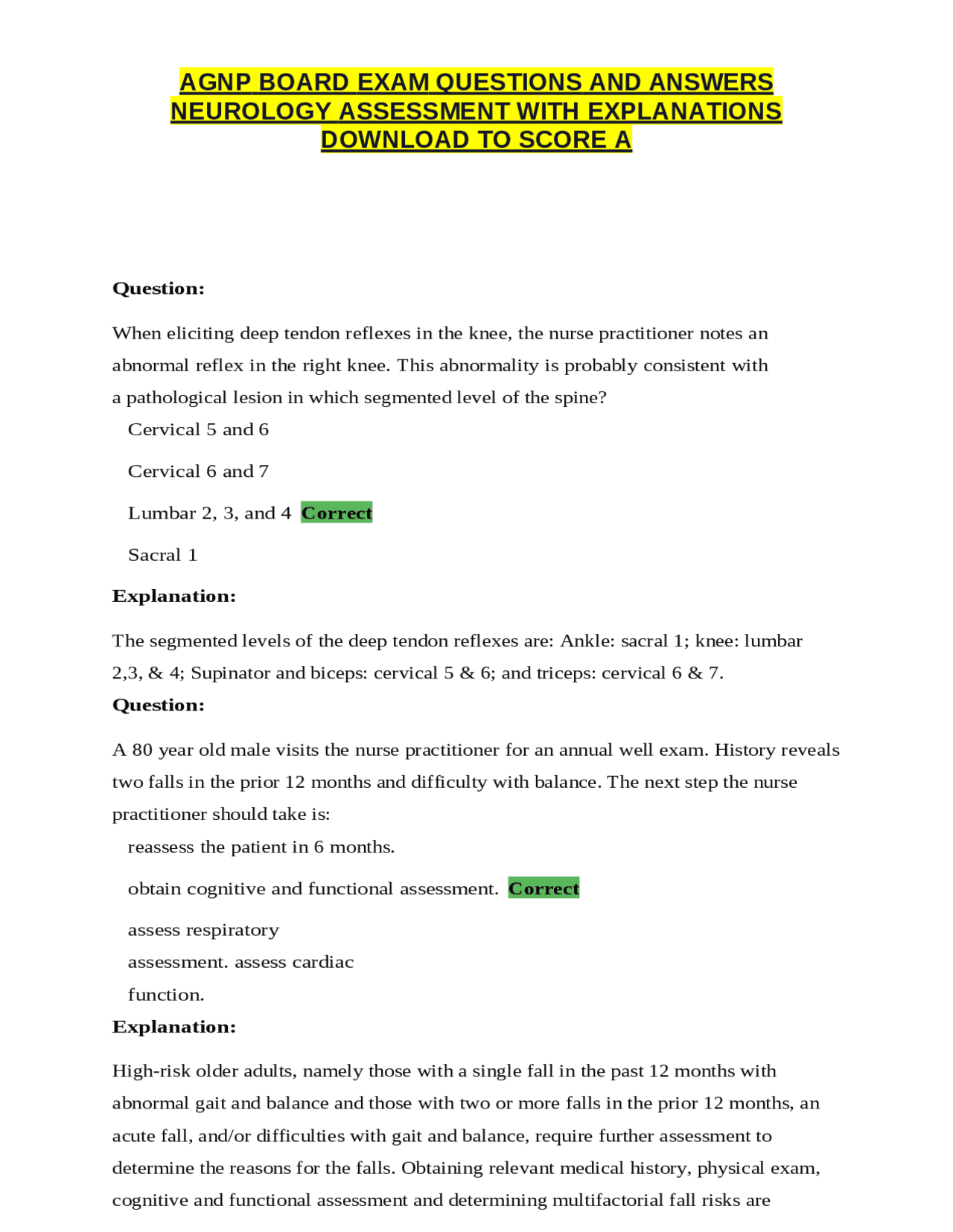 AGNP BOARD EXAM QUESTIONS AND ANSWERS NEUROLOGY ASSESSMENT WITH ...