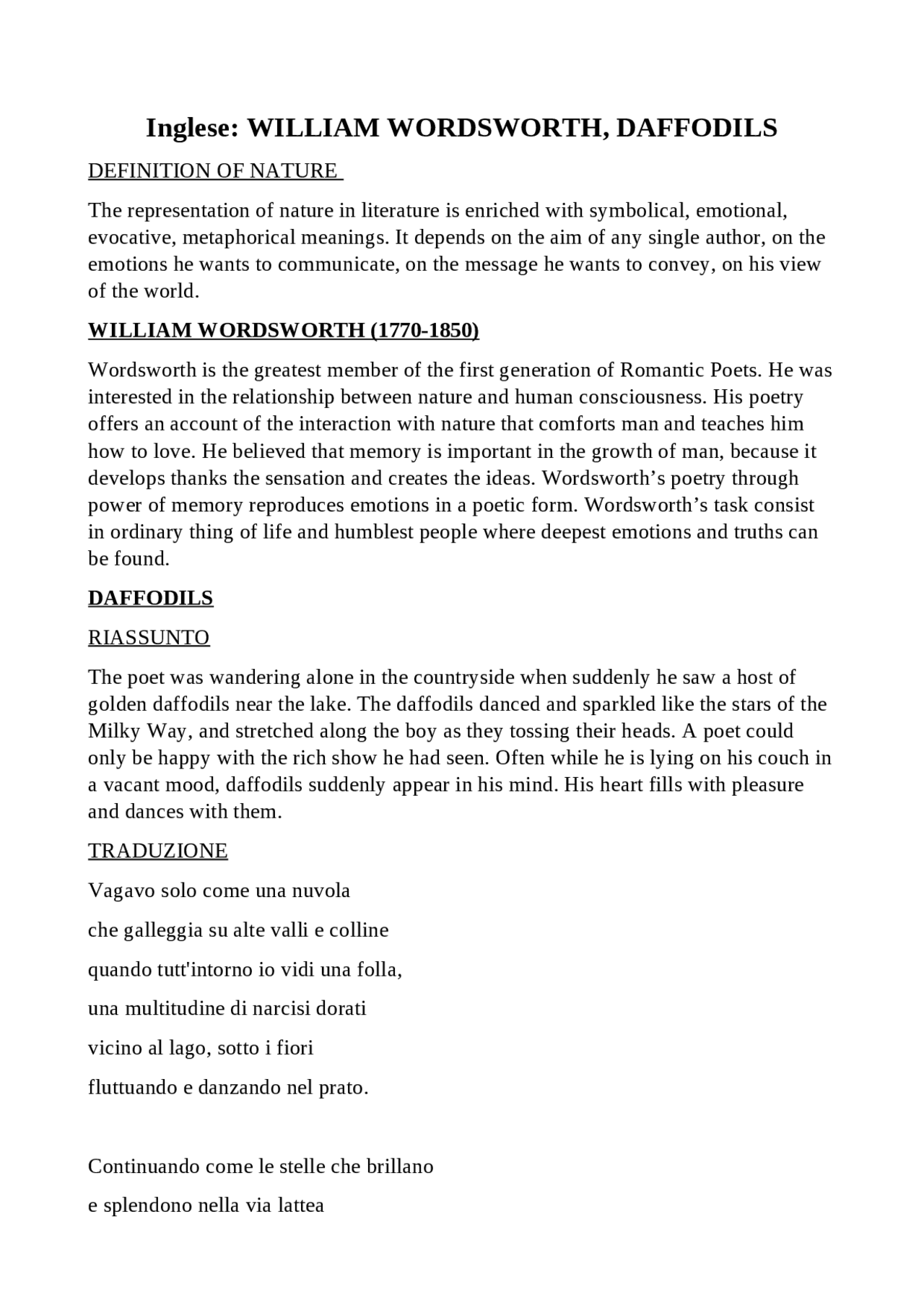 WILLIAM WORDSWORTH VITA, DAFFODILS ANALISI E TRADUZIONE - Docsity