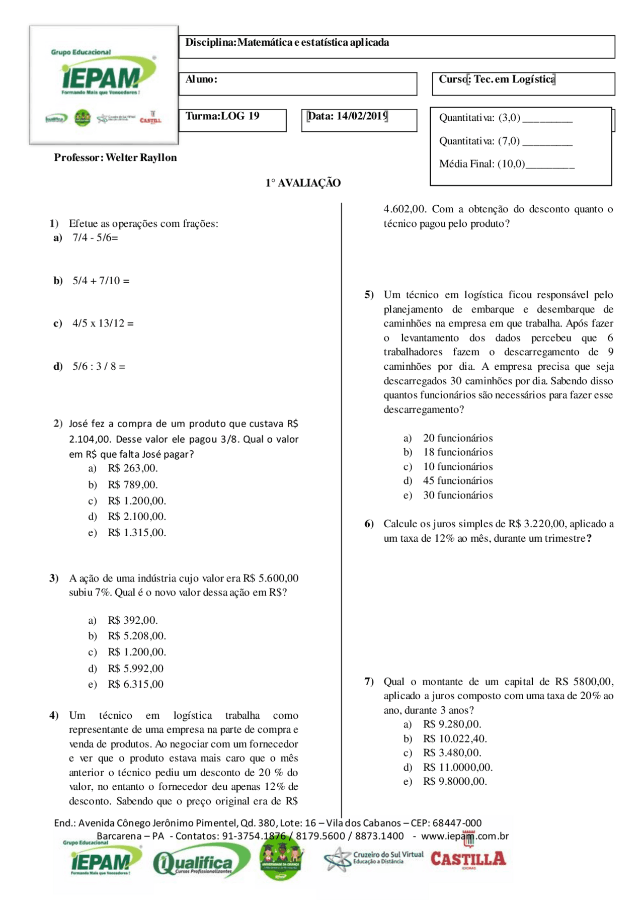 Prova Curso Técnico Em Logistica Exercícios Matemática Docsity