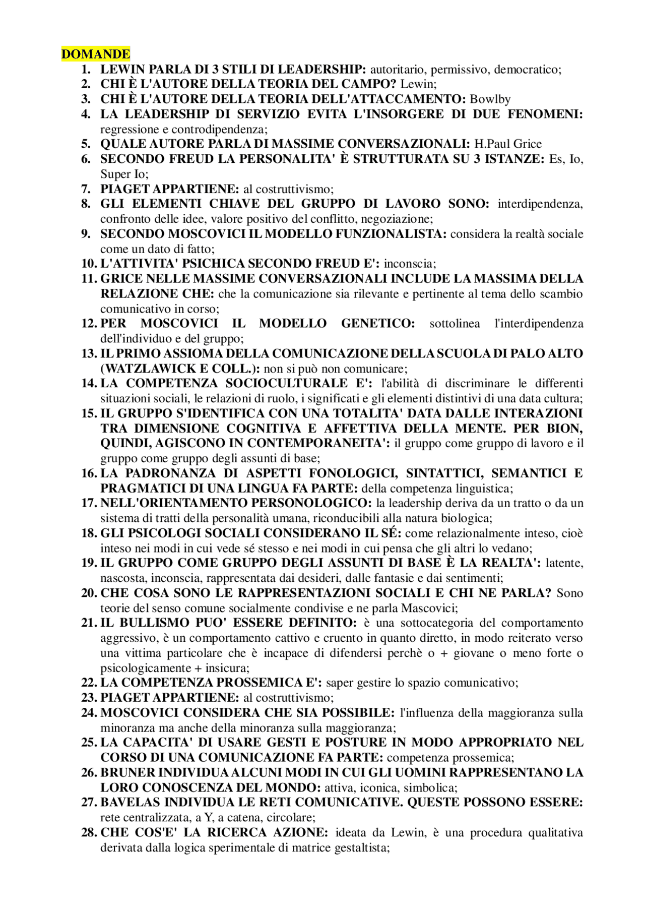 Fac simile domande di esame | Prove d'esame di Psicologia Generale ...