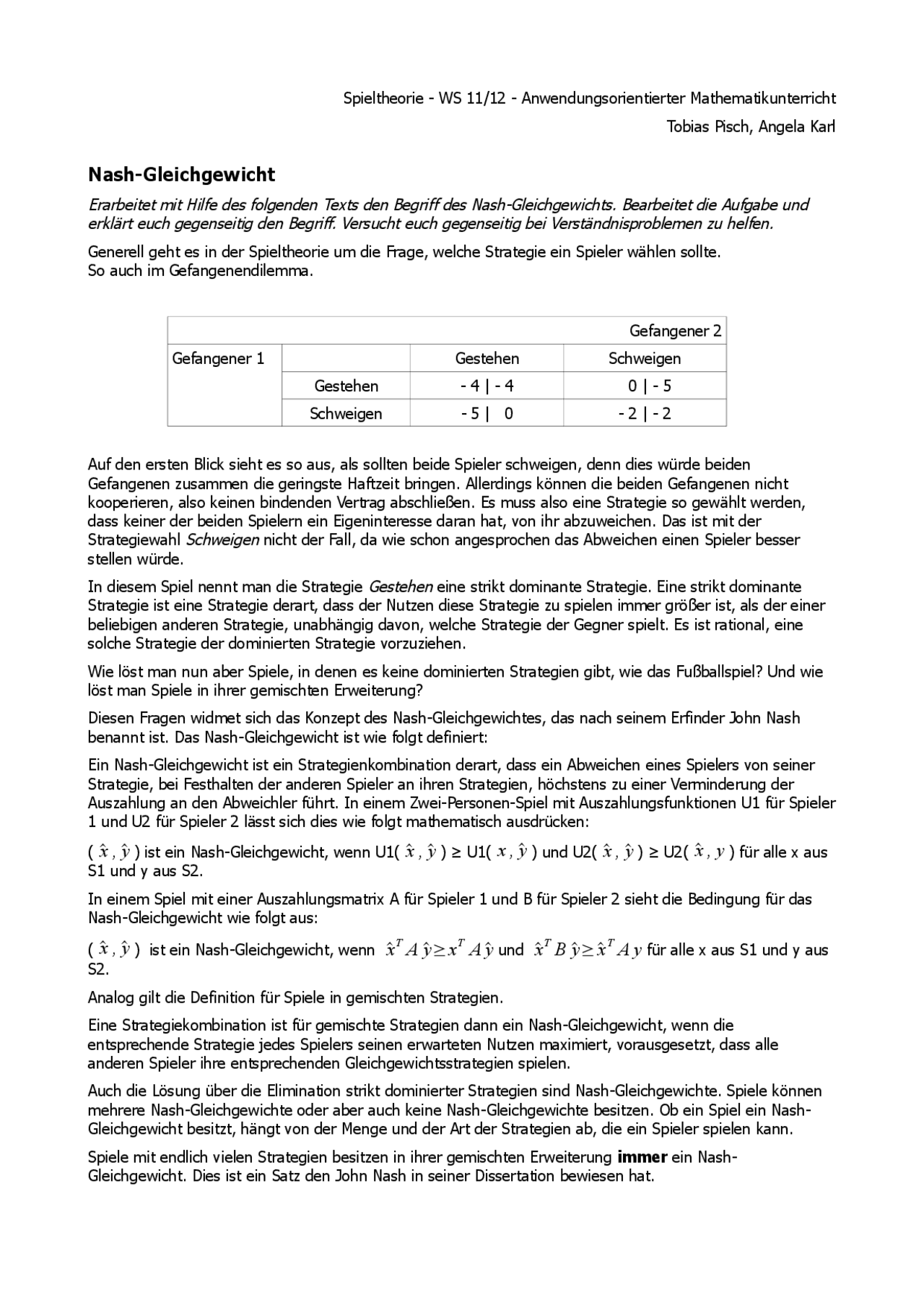 Nash-Gleichgewicht | Skripte Spieltheorie | Docsity