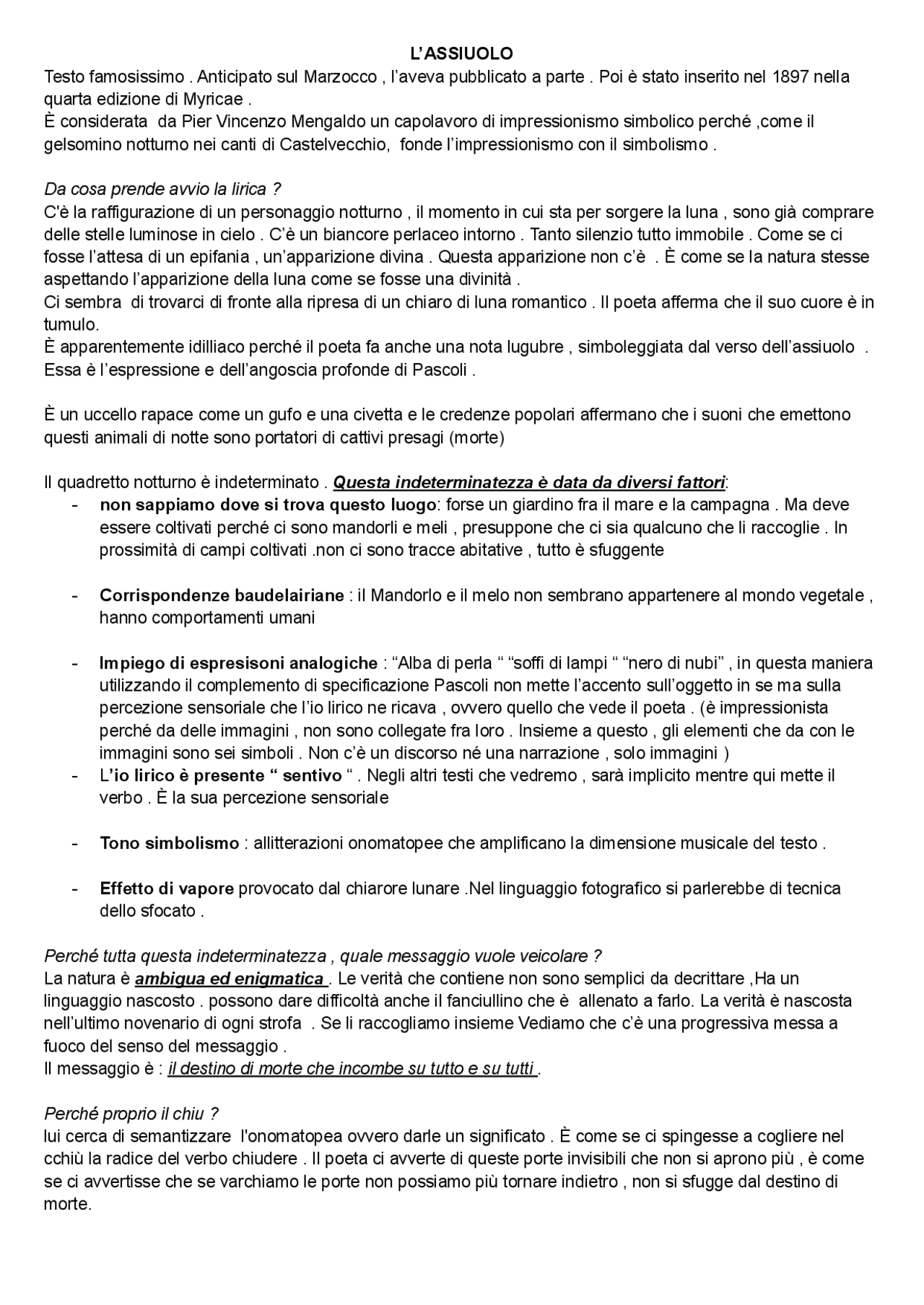 L'ASSIUOLO , Pascoli | Appunti di Italiano | Docsity
