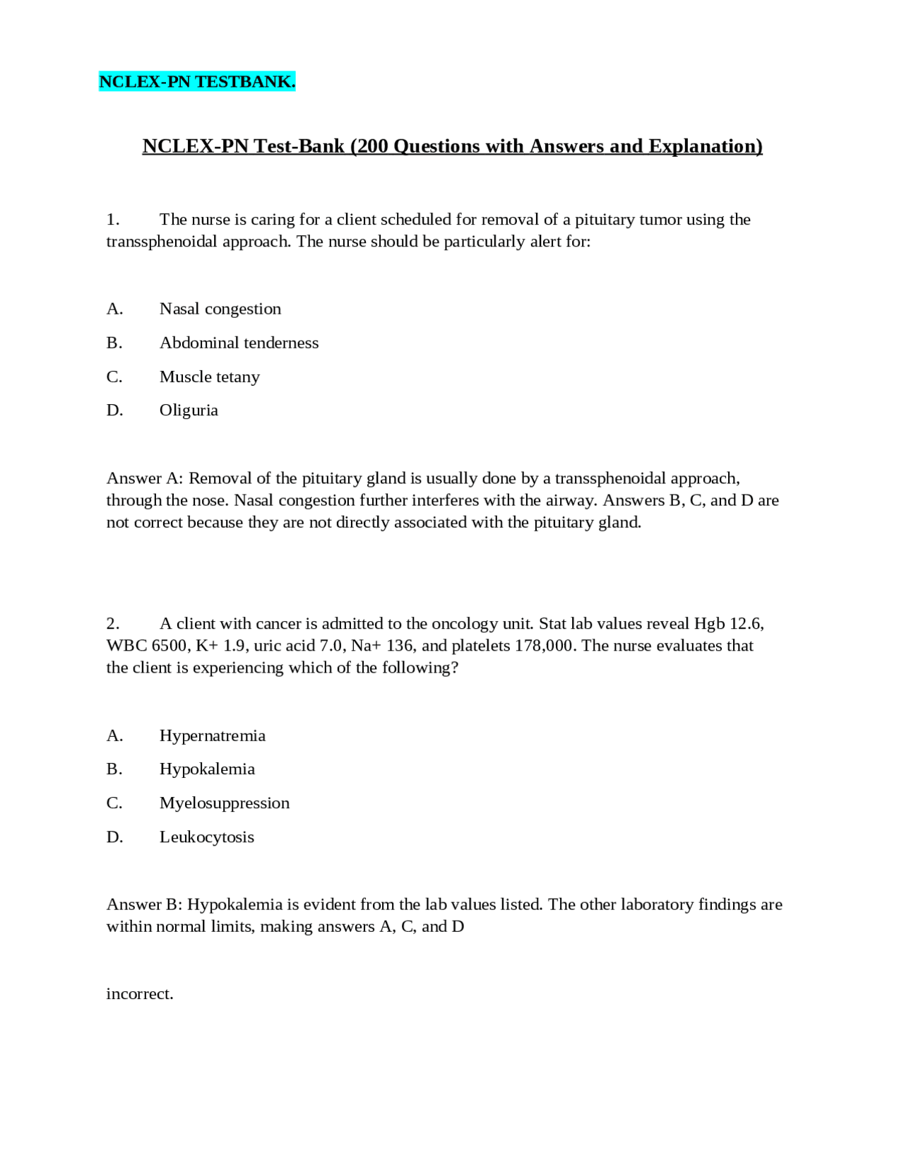 NCLEX-PN Test-Bank (200 Questions with Answers and Explanation Latest ...