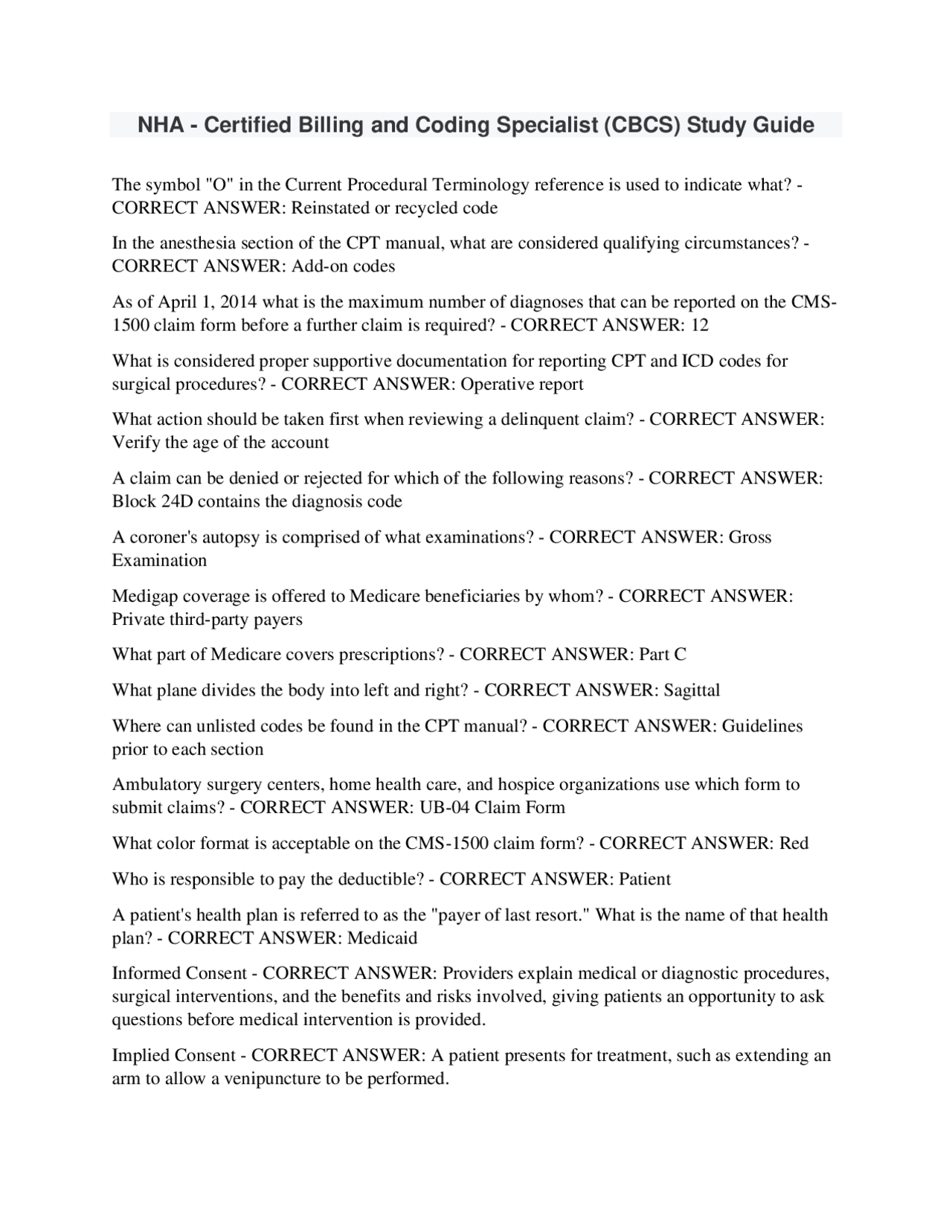 NHA - Certified Billing and Coding Specialist (CBCS) Study Guide - Docsity