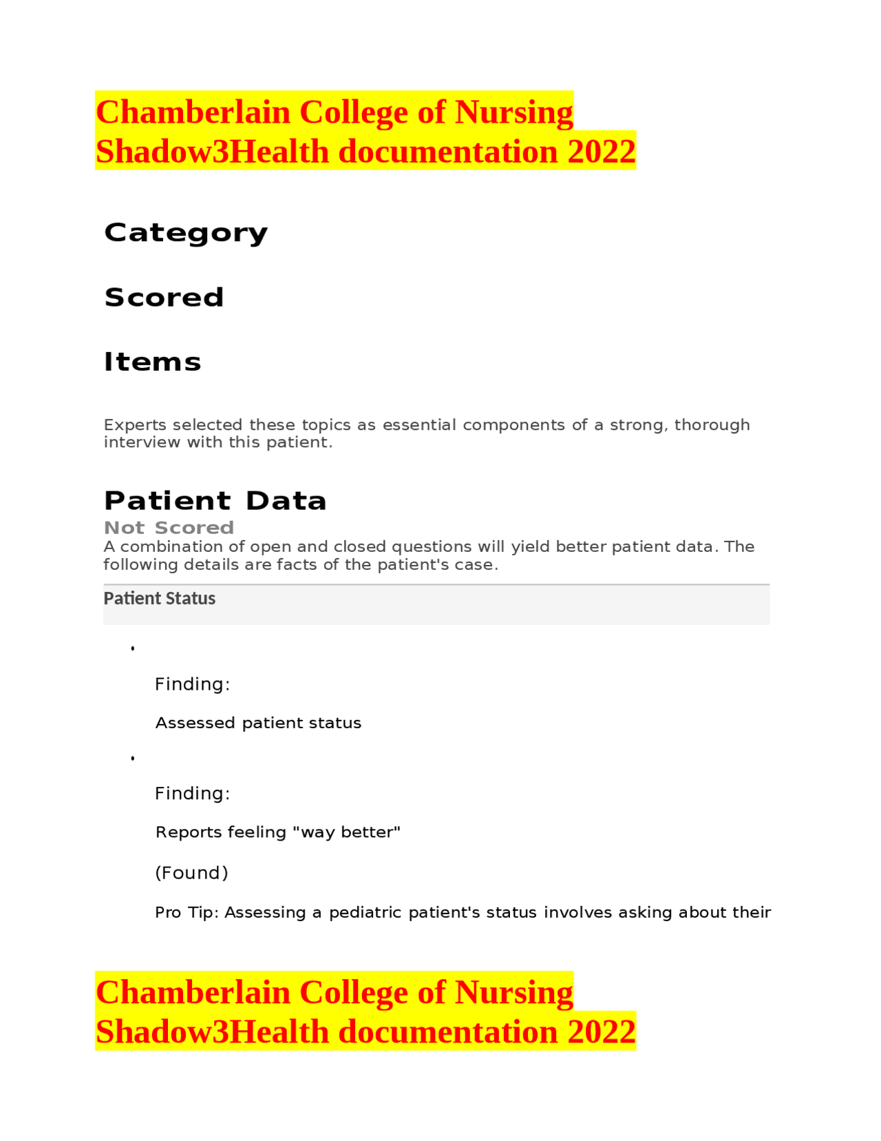 Chamberlain College of Nursing Shadow3Health documentation 2022 - Docsity