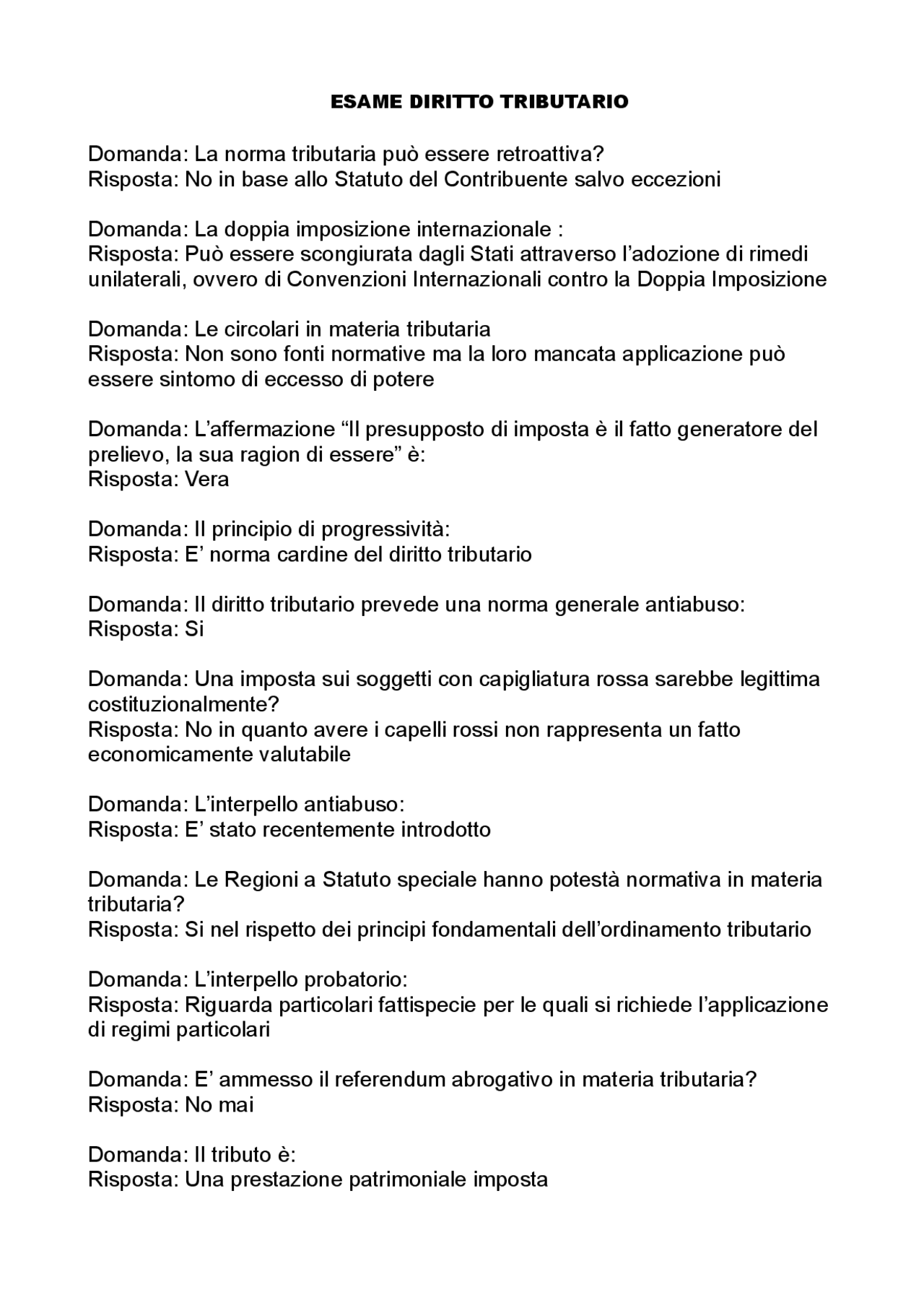 Domande Test Diritto Tributario Docsity