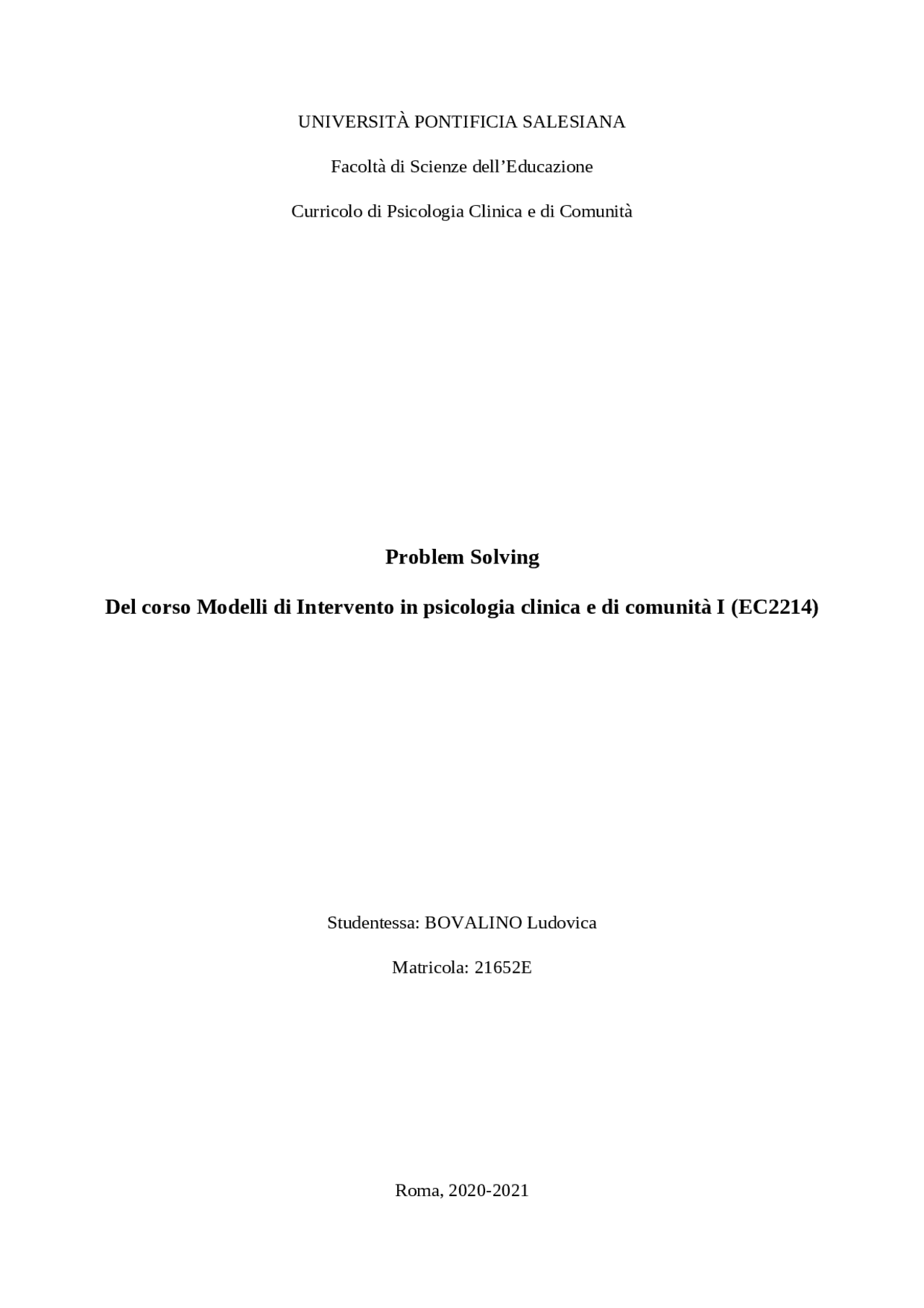 Esame Problem Solving-Modelli di intervento in psicologia clinica e di comunità I-Ricci | Prove ...