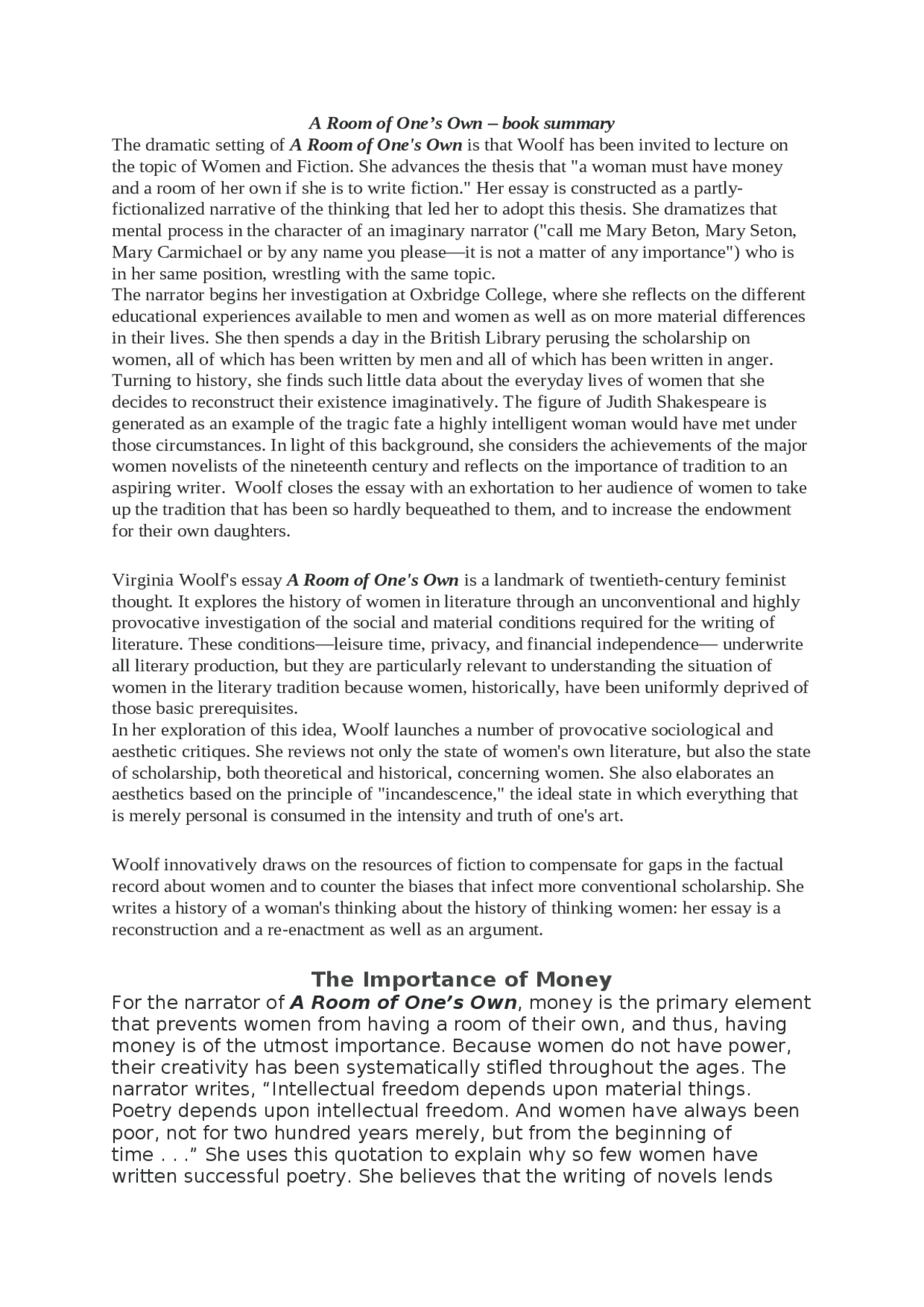 A room of one's own, by Virginia Woolf | Essays (high school) English ...