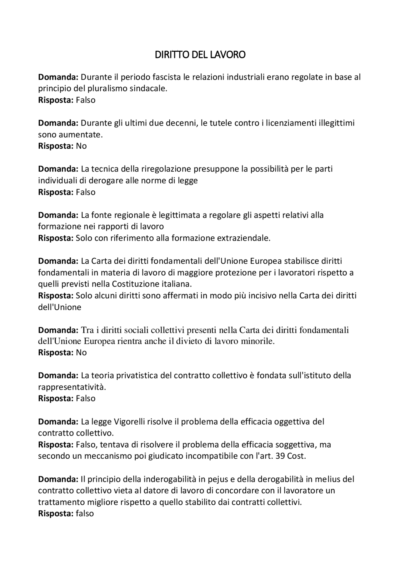 Domande Test Diritto Del Lavoro Unicusano Prove Desame Di Diritto