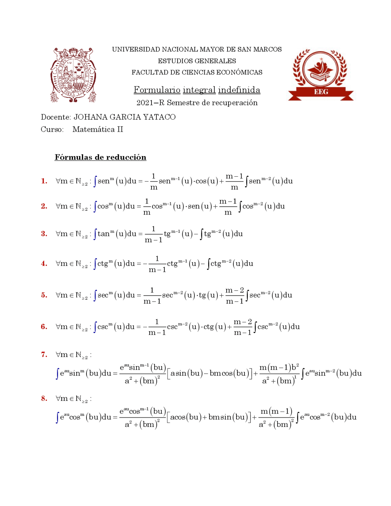 Formulario Integrales Fce Apuntes De Matemáticas Docsity