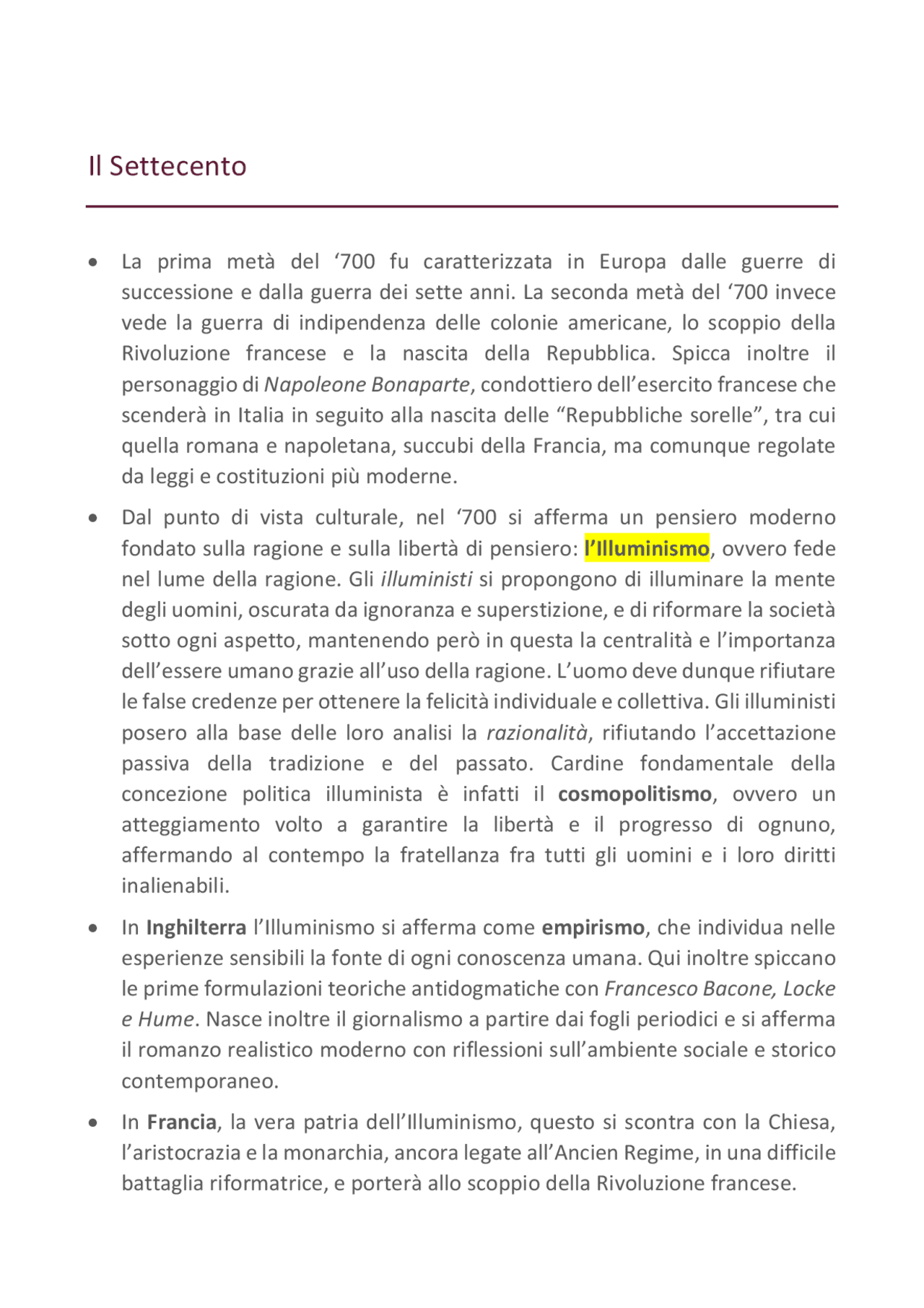 IL SETTECENTO - Analisi del periodo | Appunti di Italiano | Docsity