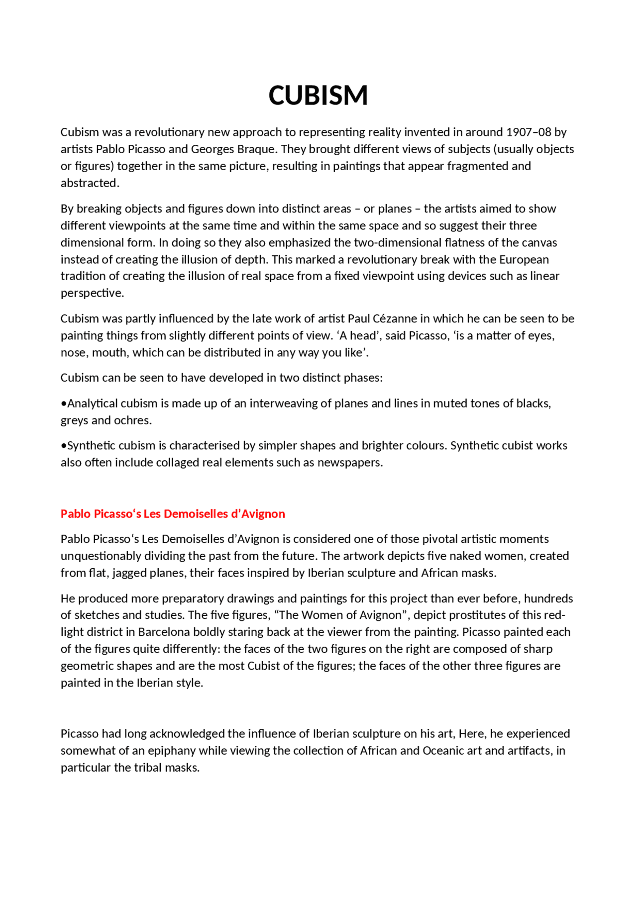 Cubism And Pablo Picasso Traduzioni Di Inglese Docsity