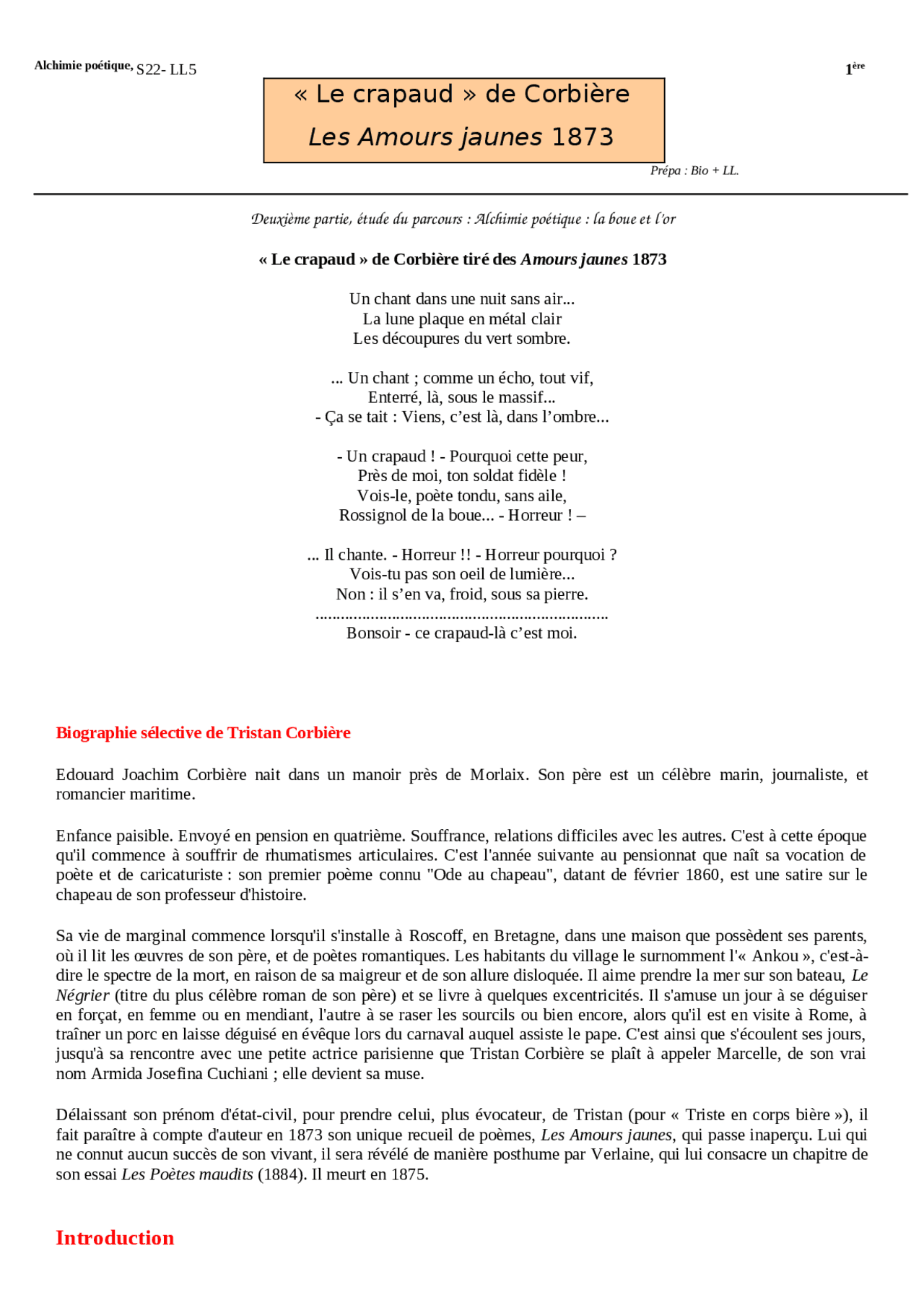 Lecture linéaire, Crapaud Tristant corbière bac première. | Lectures ...