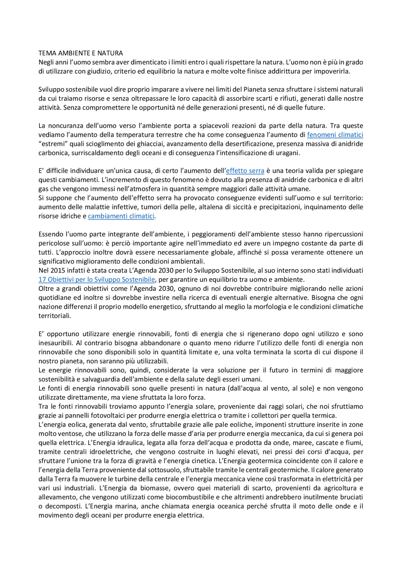 TEMA SVOLTO DI ITALIANO- AMBIENTE E NATURA | Prove d'esame di Italiano | Docsity