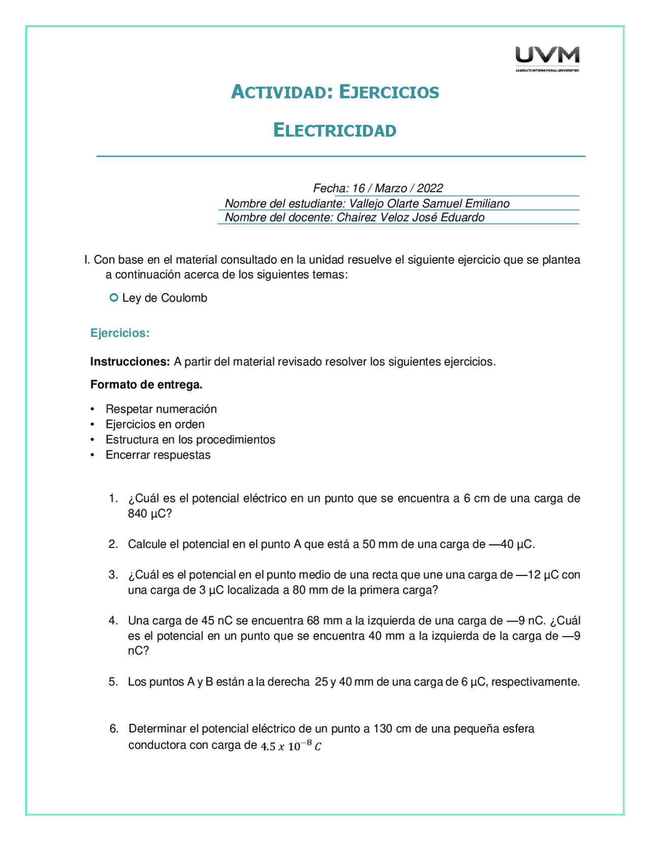 Ejercicios de Electricidad: Ley de Coulomb y Potencial Eléctrico | Assignments Electrical ...