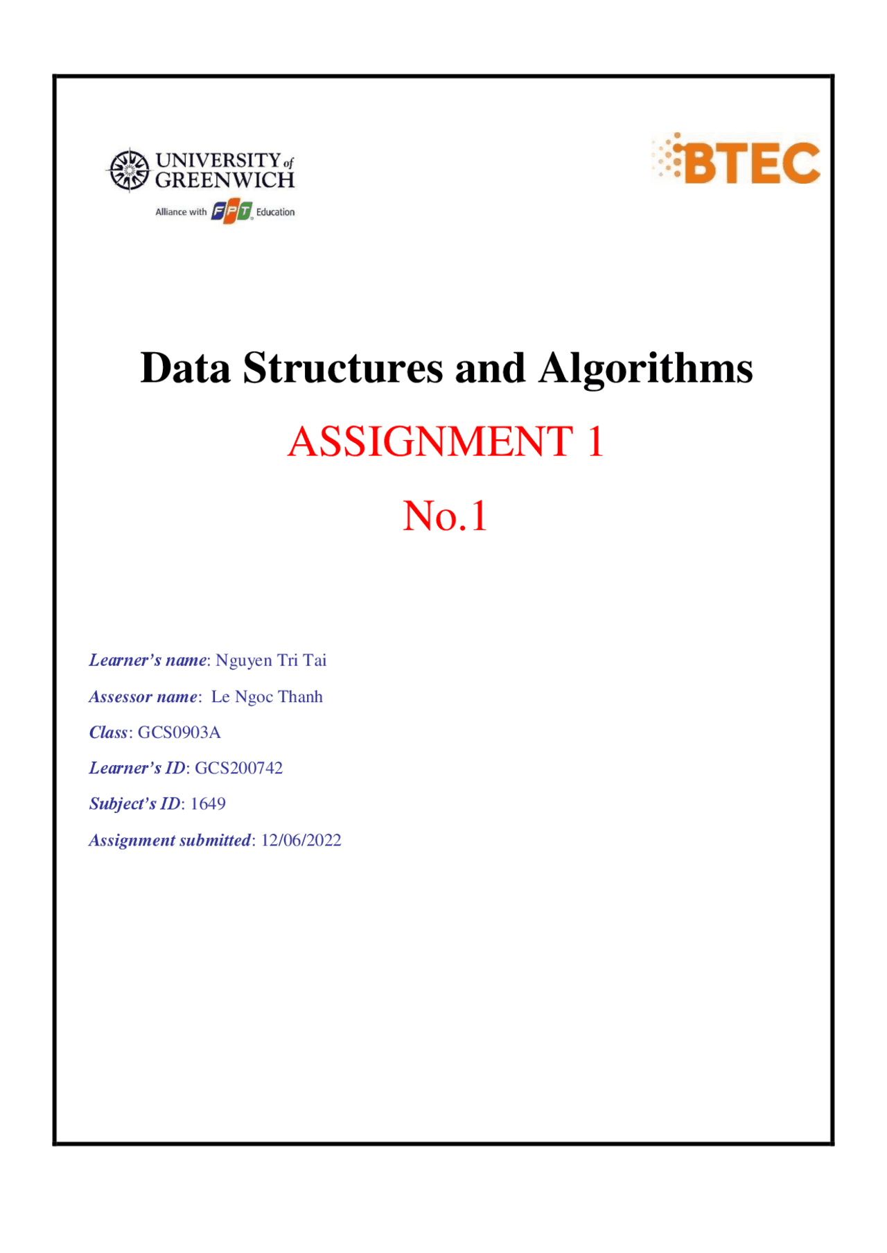 Assignment 1 Data Structure And Algorithms Essays University