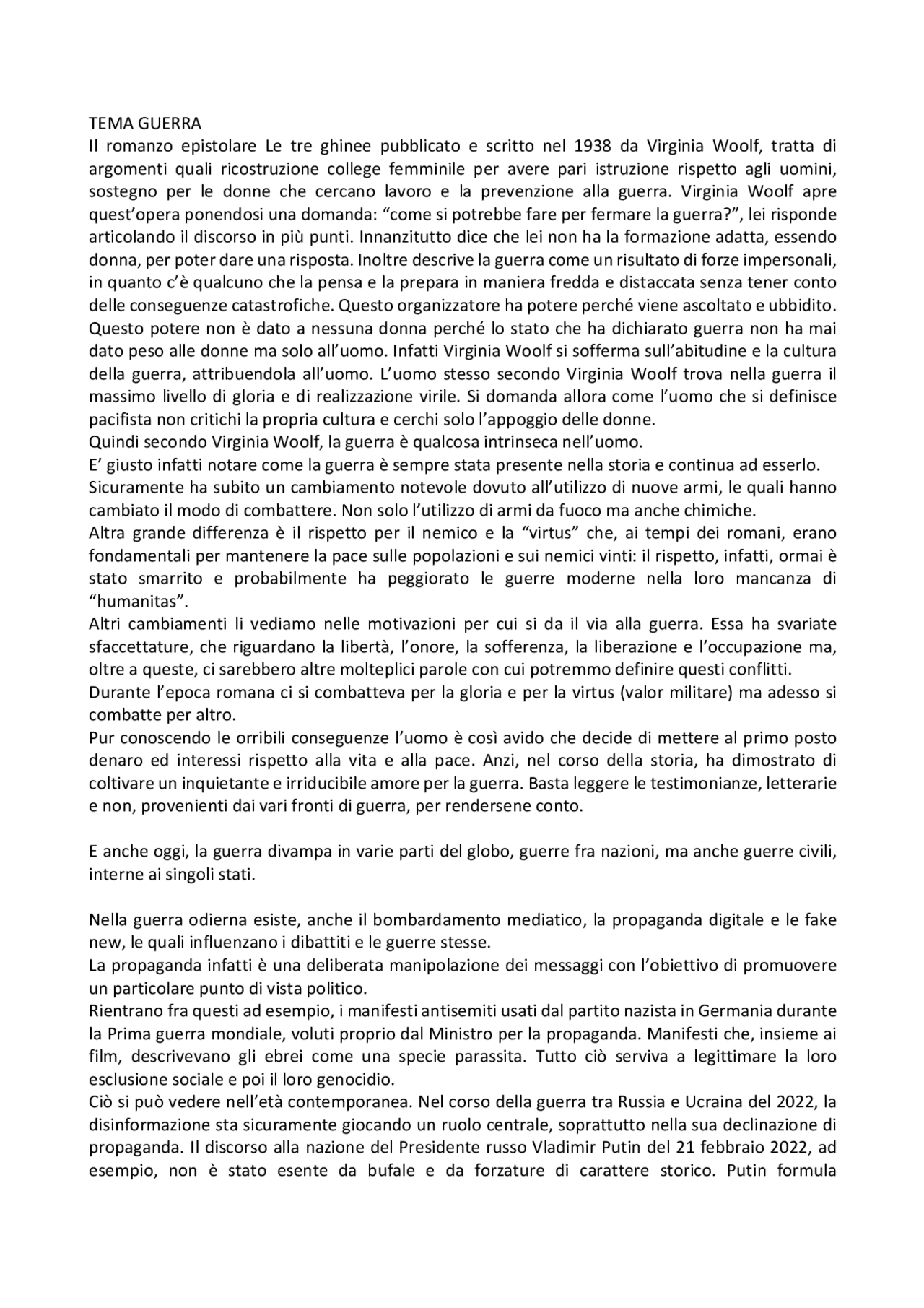 TEMA SVOLTO DI ITALIANO SULLA GUERRA | Prove d'esame di Italiano | Docsity