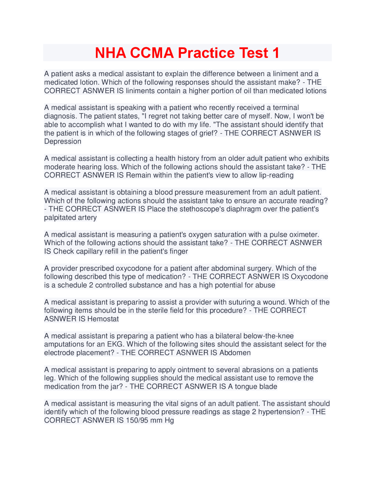 NHA CCMA Practice Test 1 2022/2023 | Exams Nursing | Docsity