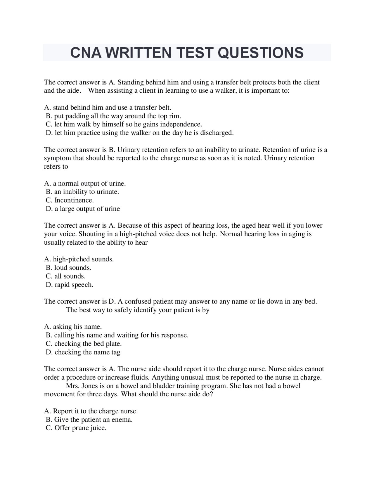 CNA WRITTEN TEST QUESTIONS AND ANSWERS 2022 2023 Exams Nursing Docsity CNA WRITTEN TEST QUESTIONS AND ANSWERS 2022 2023 Exams Nursing Docsity