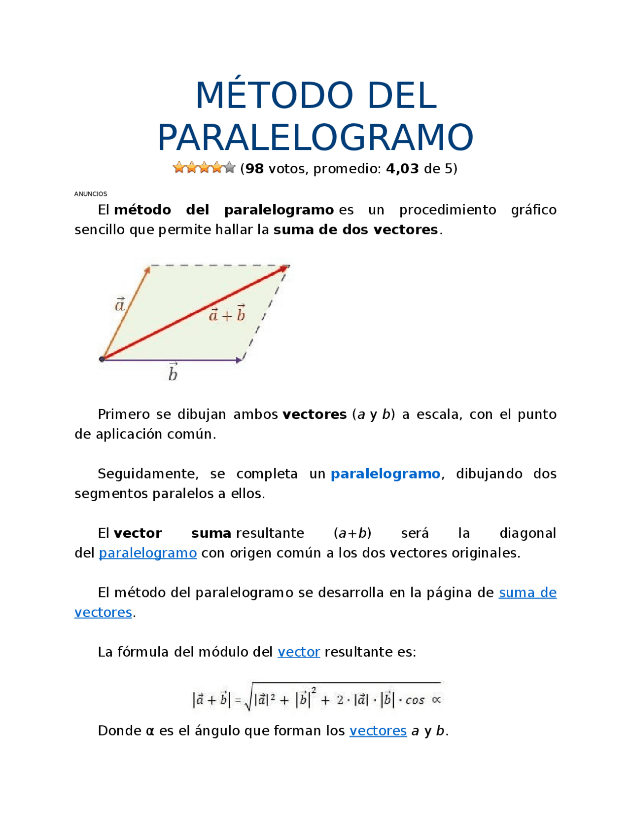 Método paralelogramo | Esquemas y mapas conceptuales de Física | Docsity